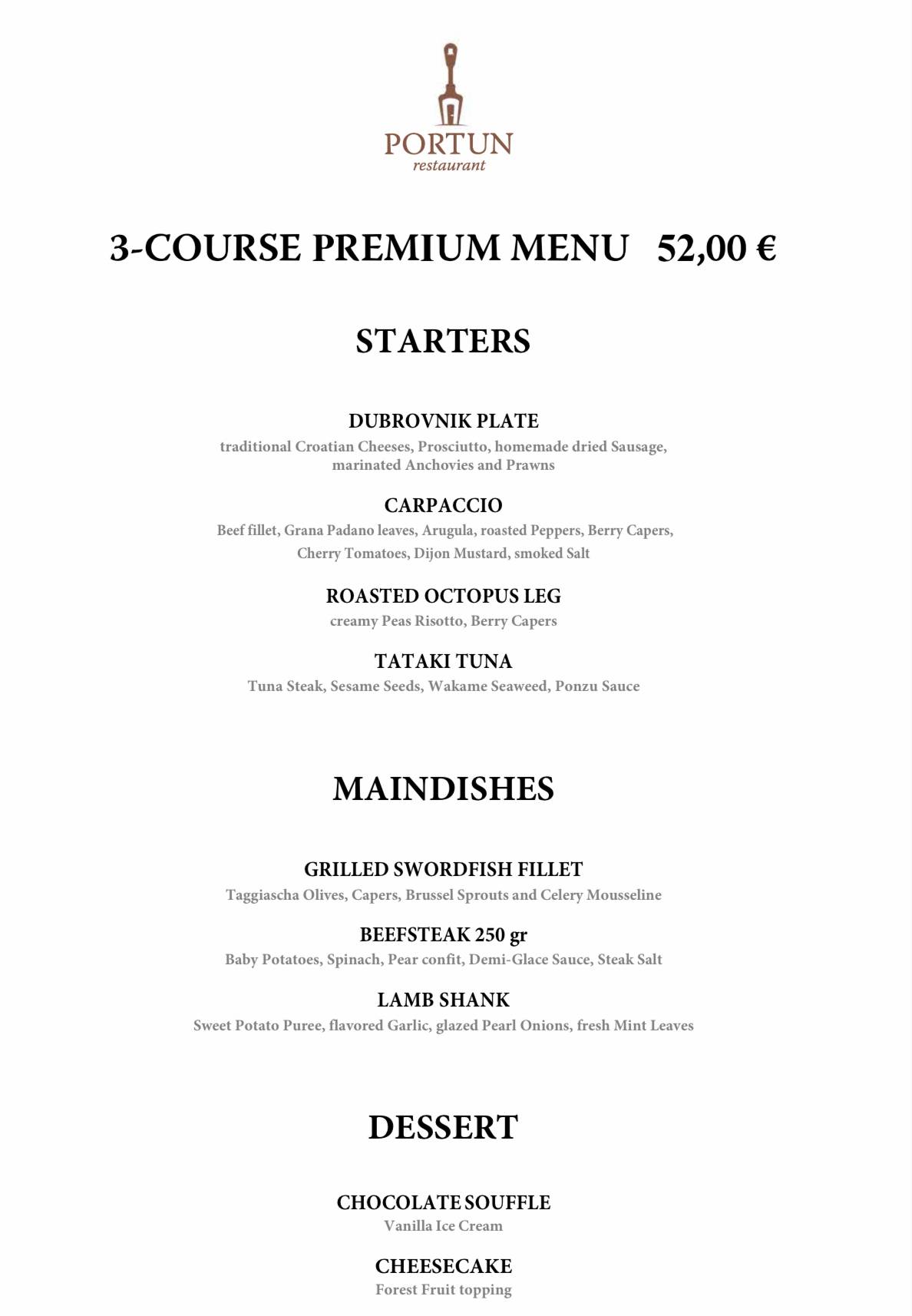 Menu at Portun restaurant, Dubrovnik