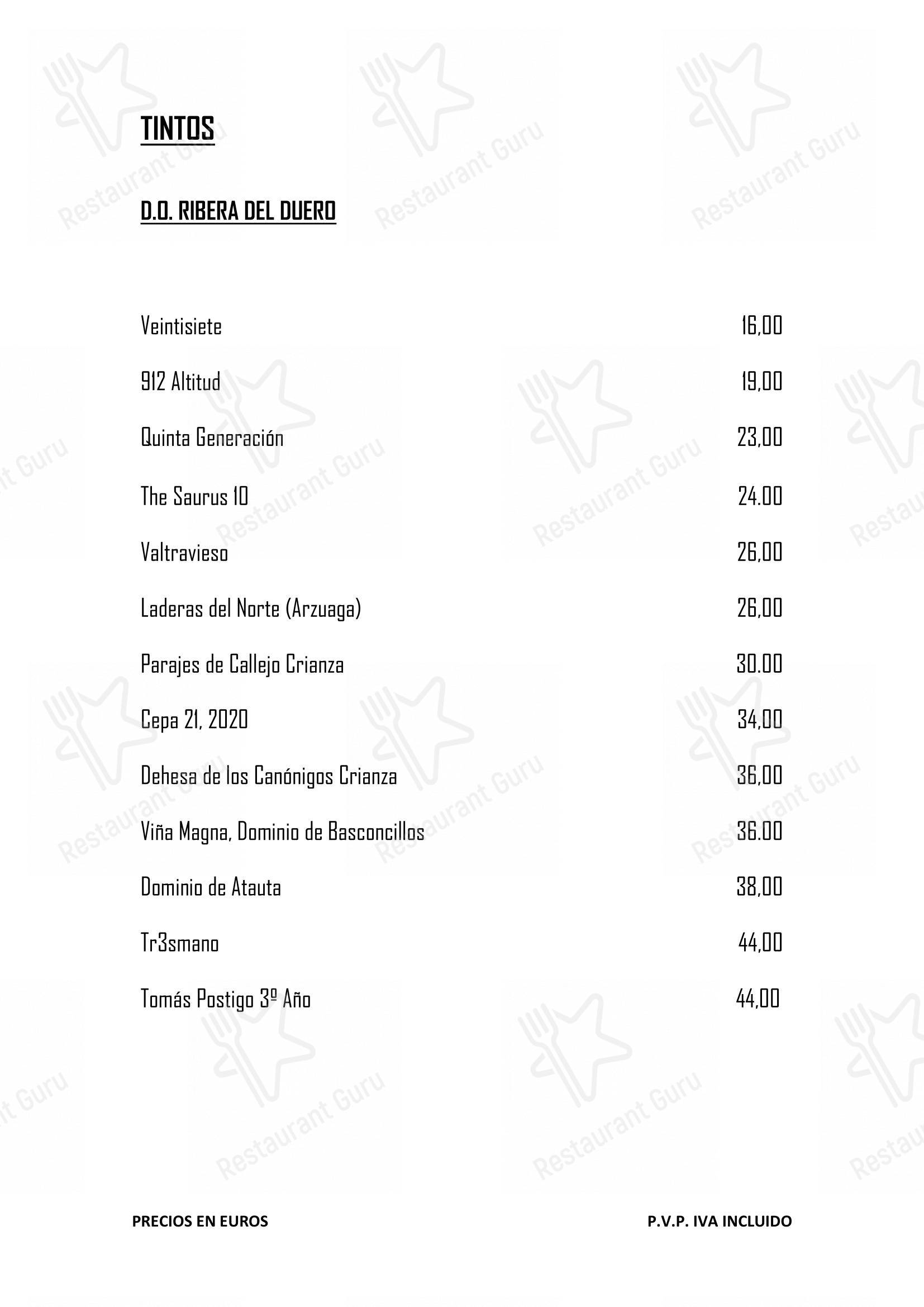 Menu at Posada del Arte restaurant, Simancas