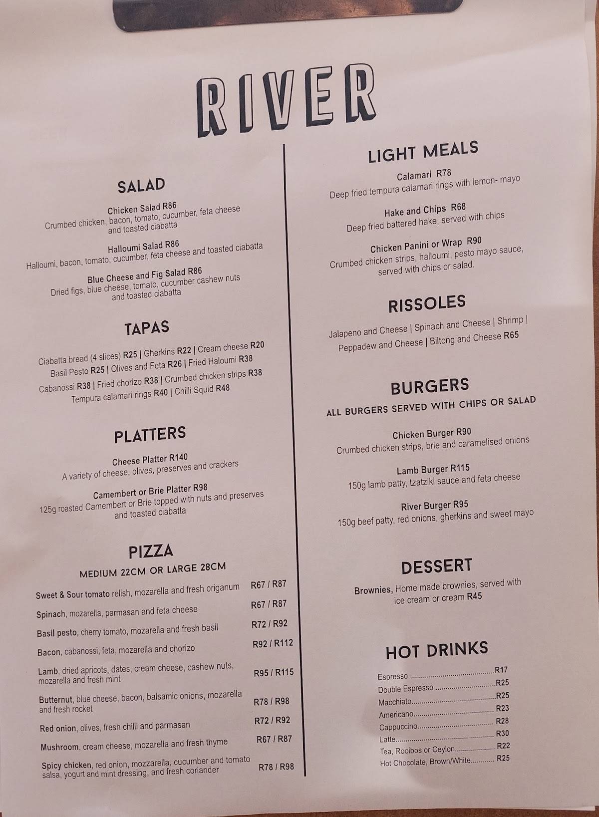 Menu at River Café restaurant, Potchefstroom