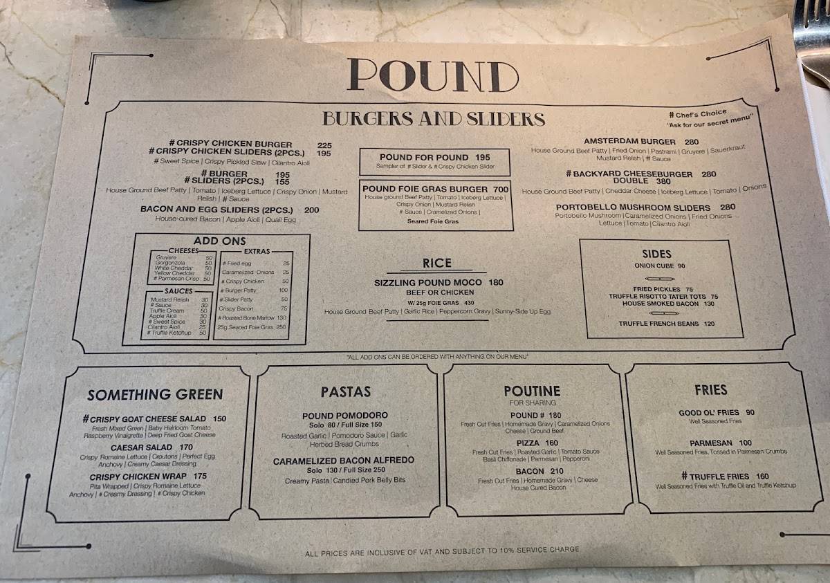 Menu at Pound BGC restaurant, Taguig, H322+C44