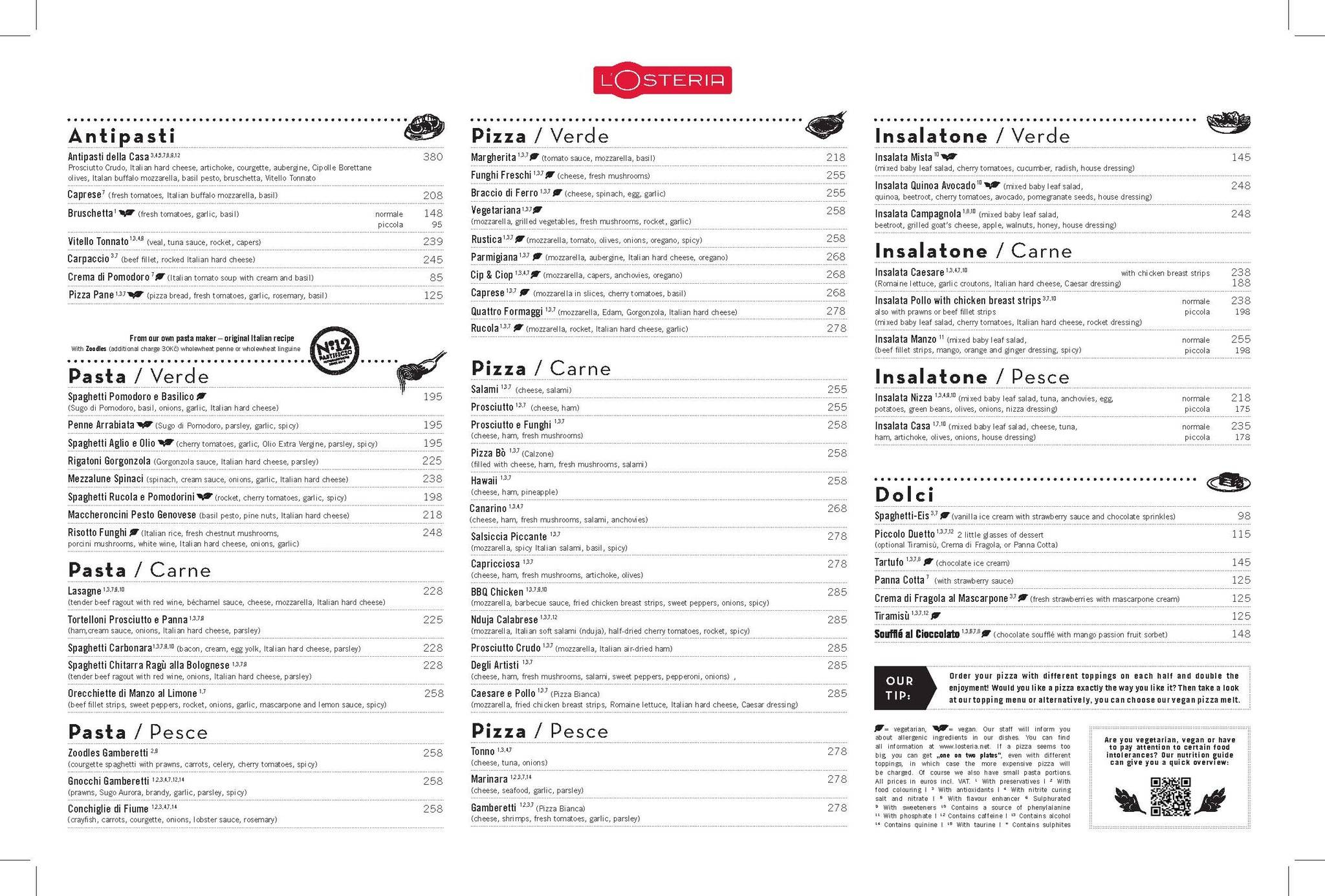 Menu at L'Osteria restaurant, Prague, Drn Národní