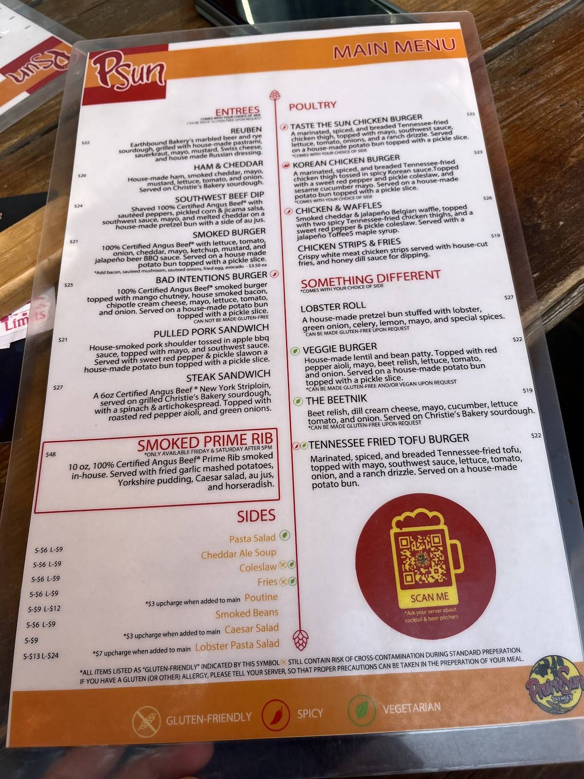Menu at Prairie Sun Brewery pub & bar, Saskatoon, 650 Broadway Ave
