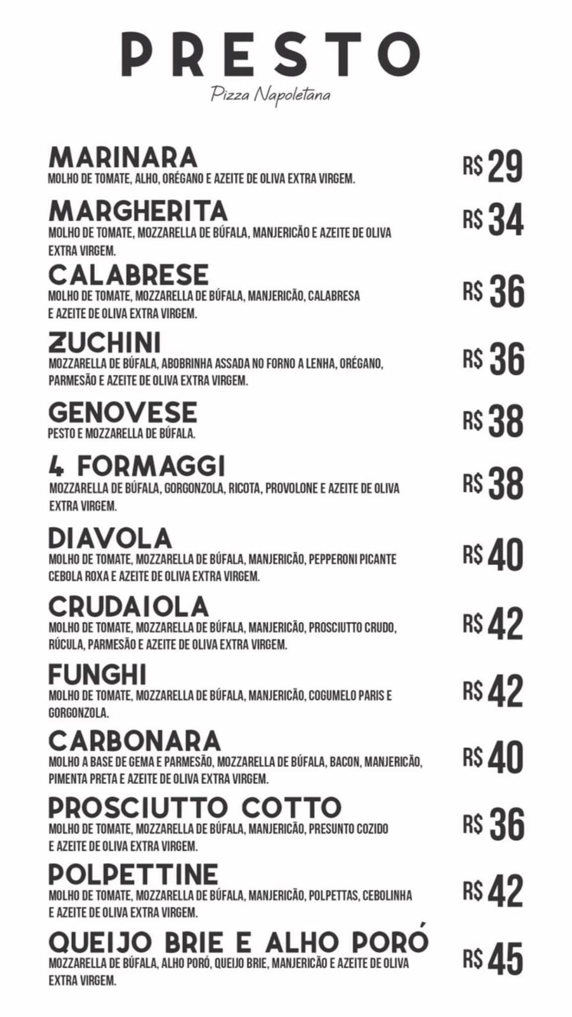 Menu em Presto Pizza Napoletana restaurante, Pelotas