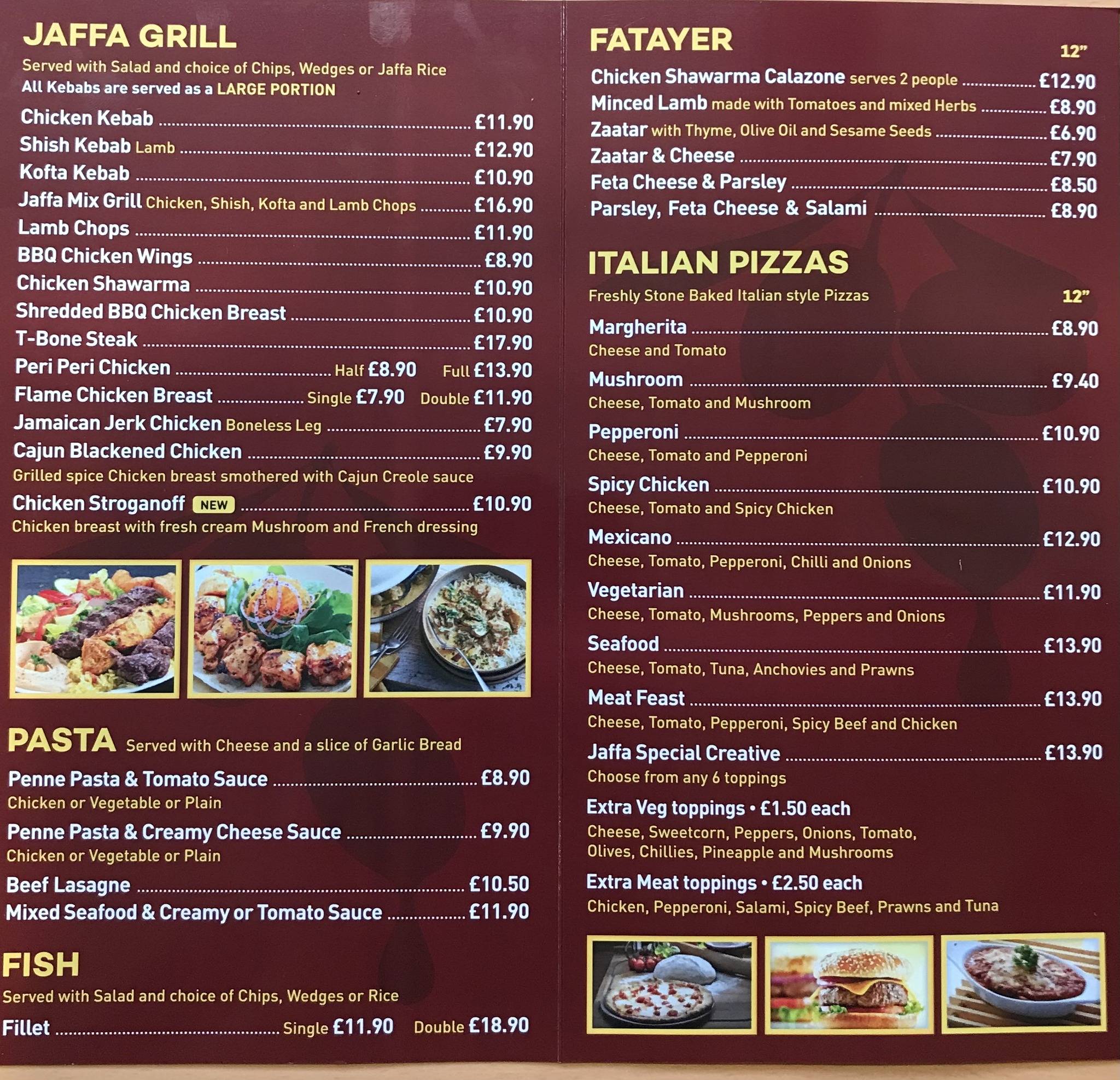 Menu at Jaffa Restaurant, Preston