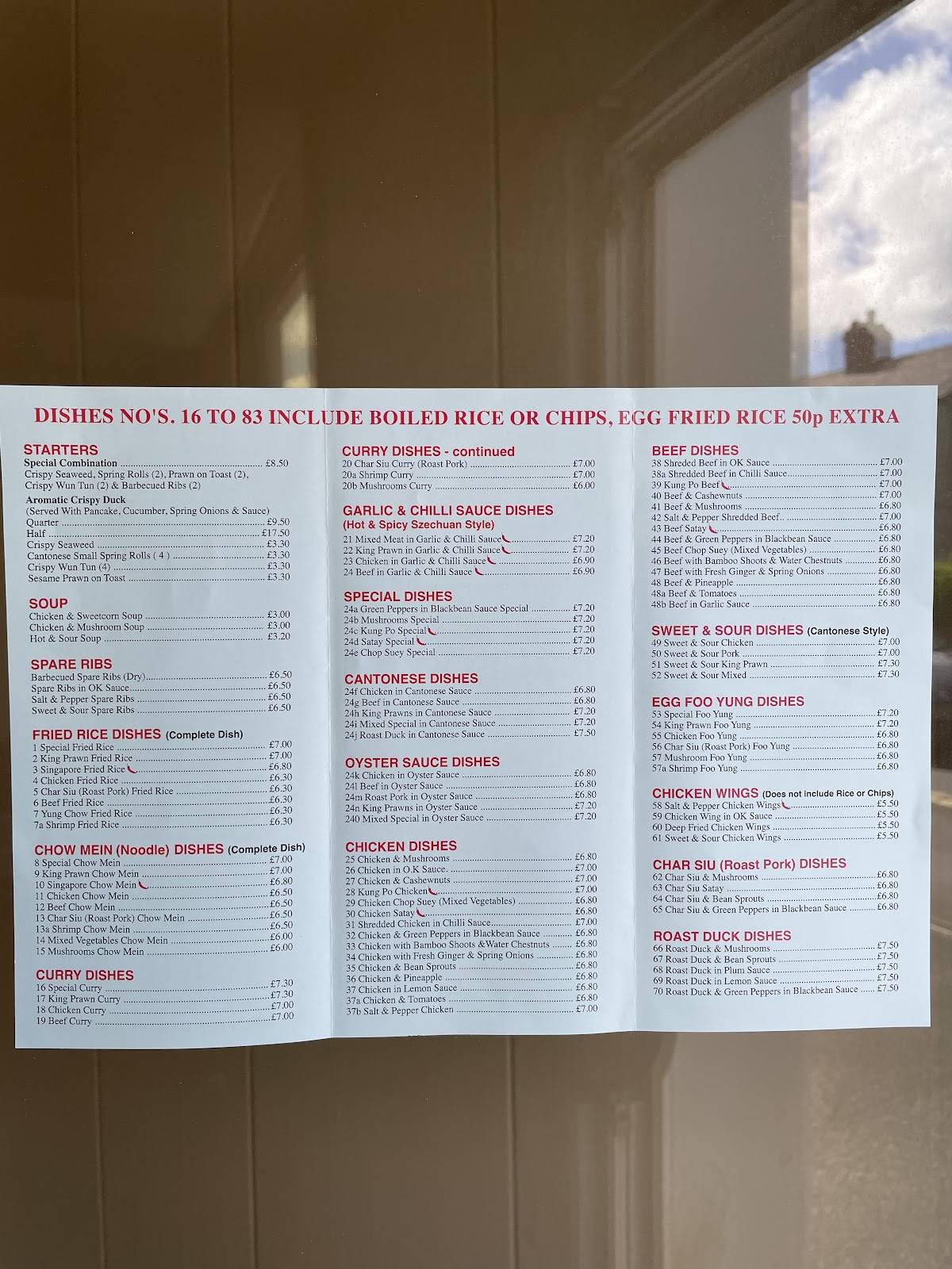 Menu at Peking Inn restaurant, Preston