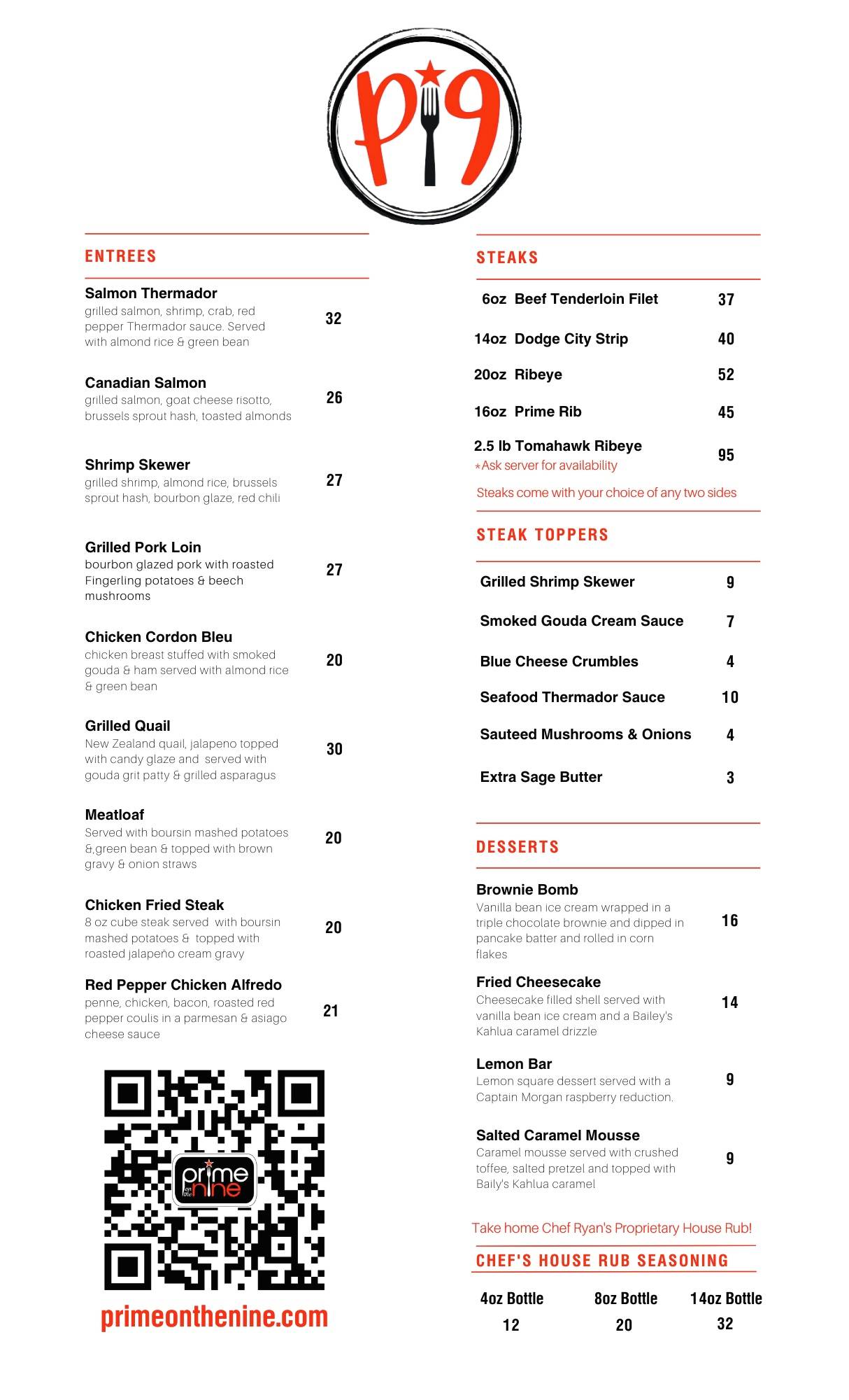 Menu at Prime On The Nine steakhouse, Dodge City