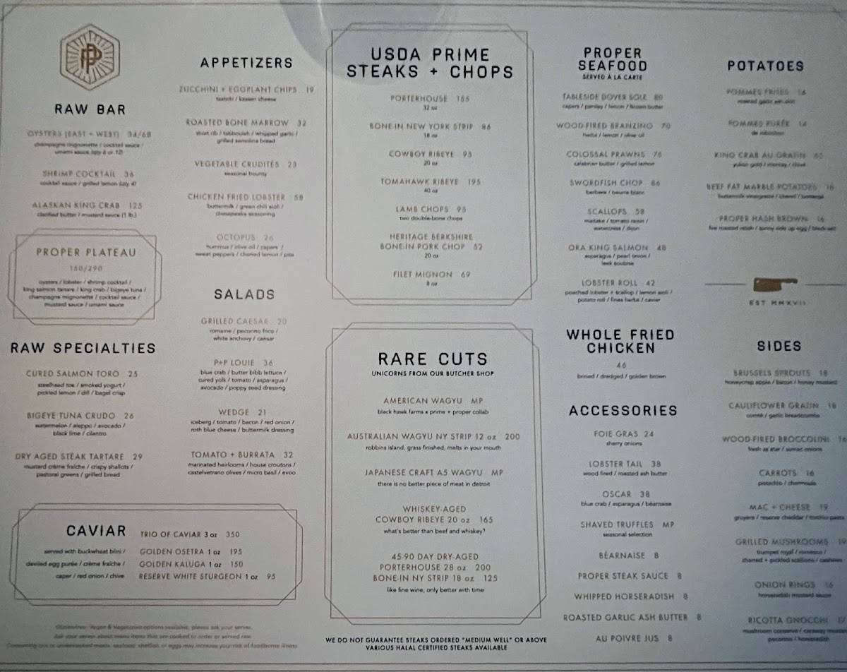 Menu at Prime + Proper steakhouse, Detroit