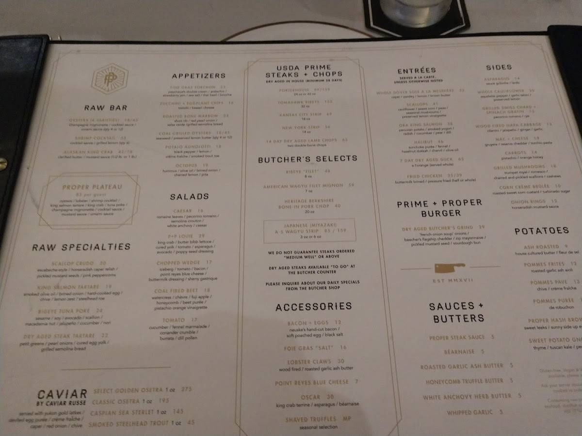 Menu at Prime + Proper steakhouse, Detroit