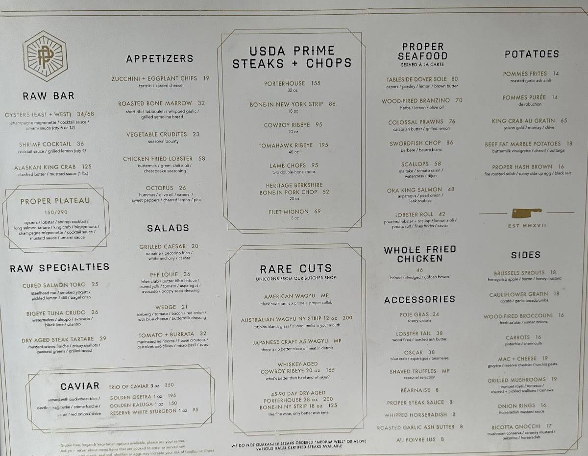Menu at Prime + Proper steakhouse, Detroit