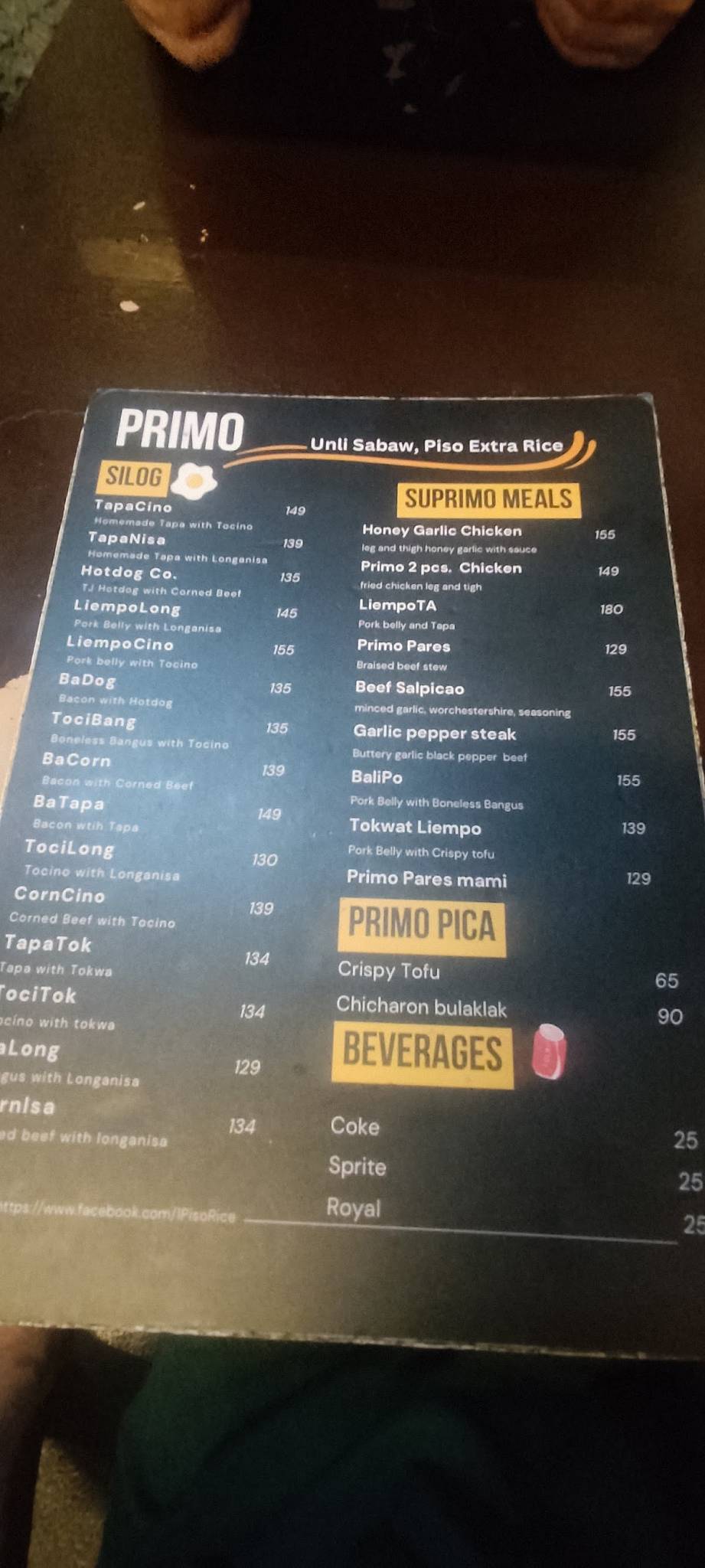 Menu at Primo restaurant, Mandaluyong