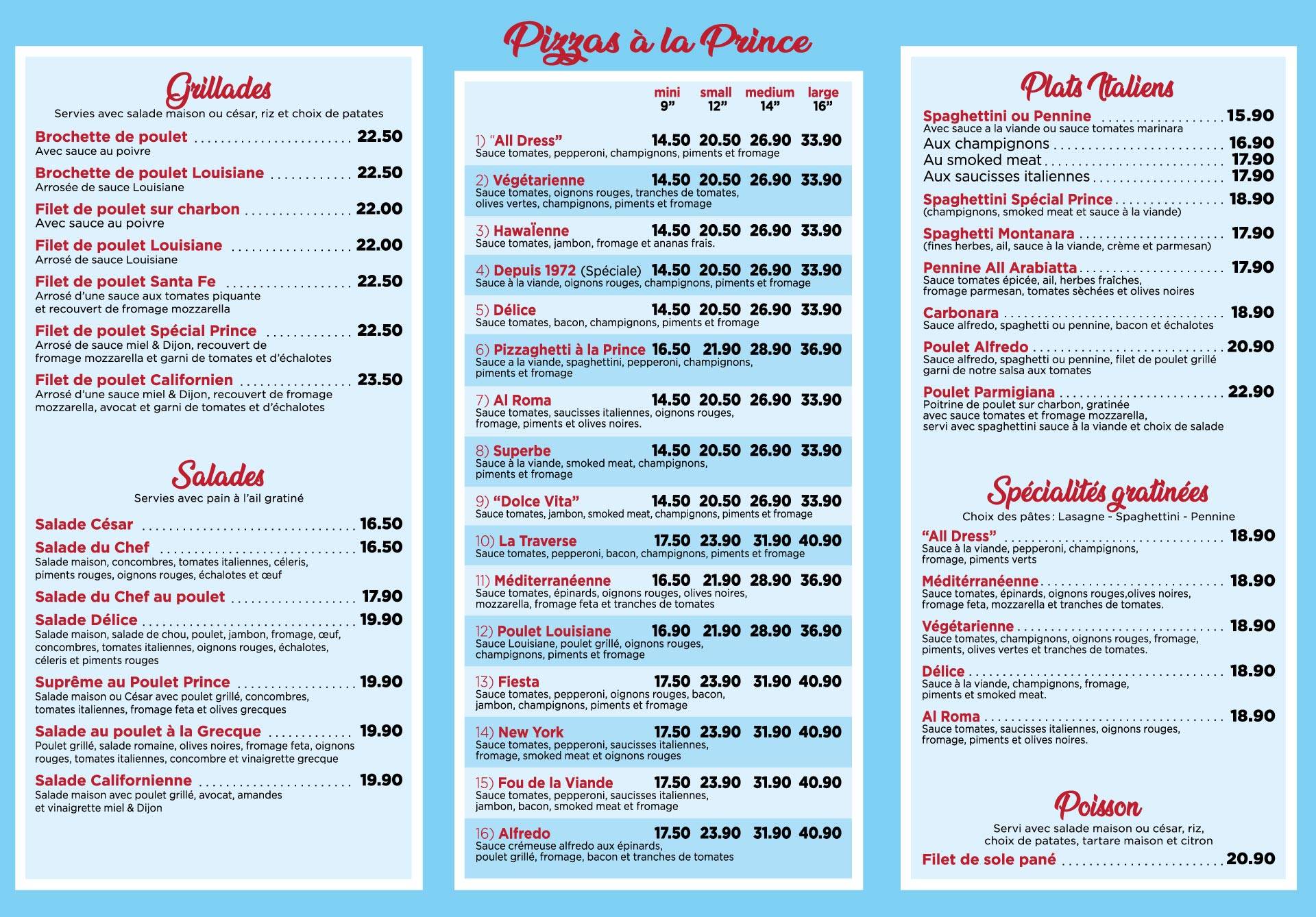 Prince pizza menu store