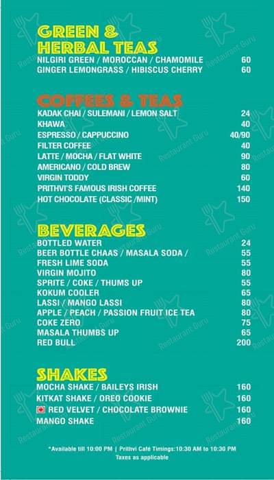 Menu at Prithvi Cafe, Mumbai, 20