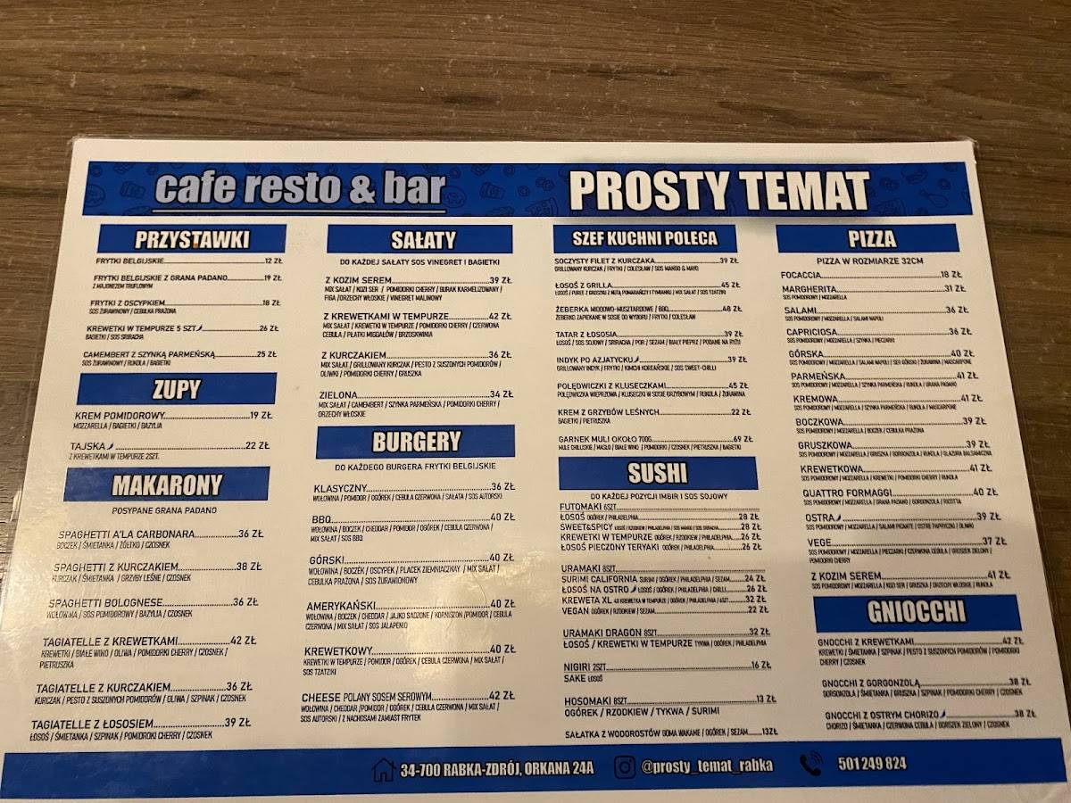 Menu at Prosty Temat restaurant, Rabka
