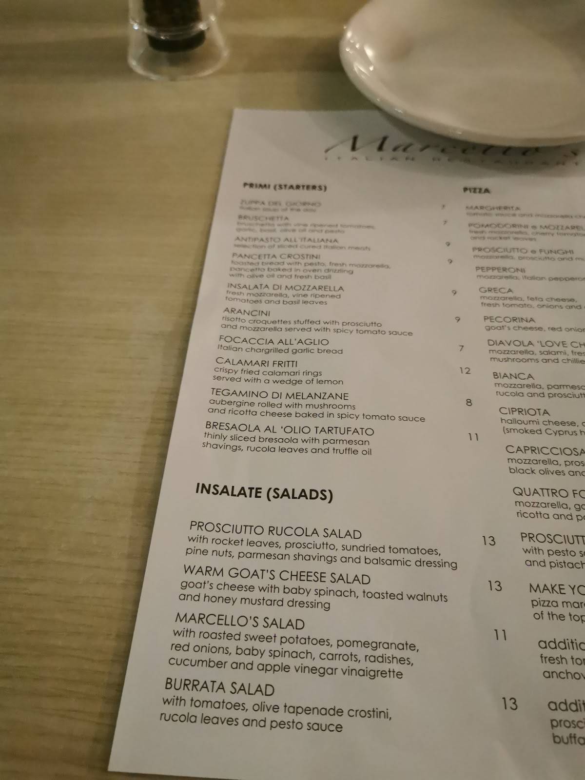 Menu at Marcello's Restaurant, Protaras