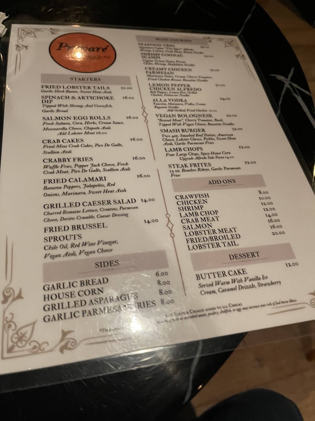 Menu at Provare Chicago restaurant, Chicago