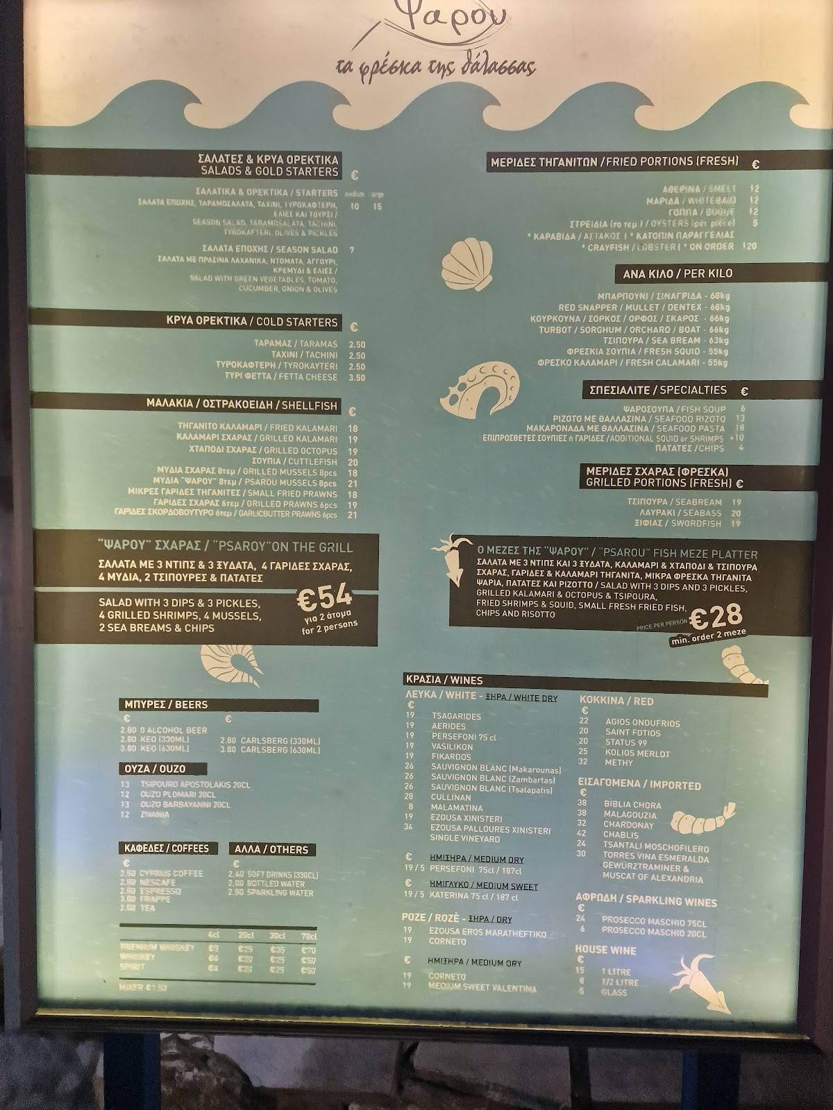 Menu at Psarou Fish Tavern- Pafos, Paphos