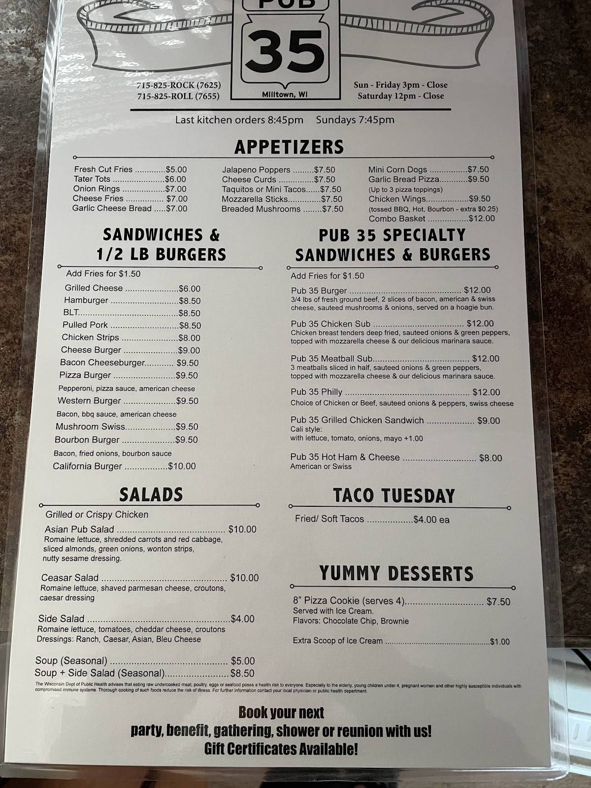 Menu at Pub 35, Milltown, WI-35