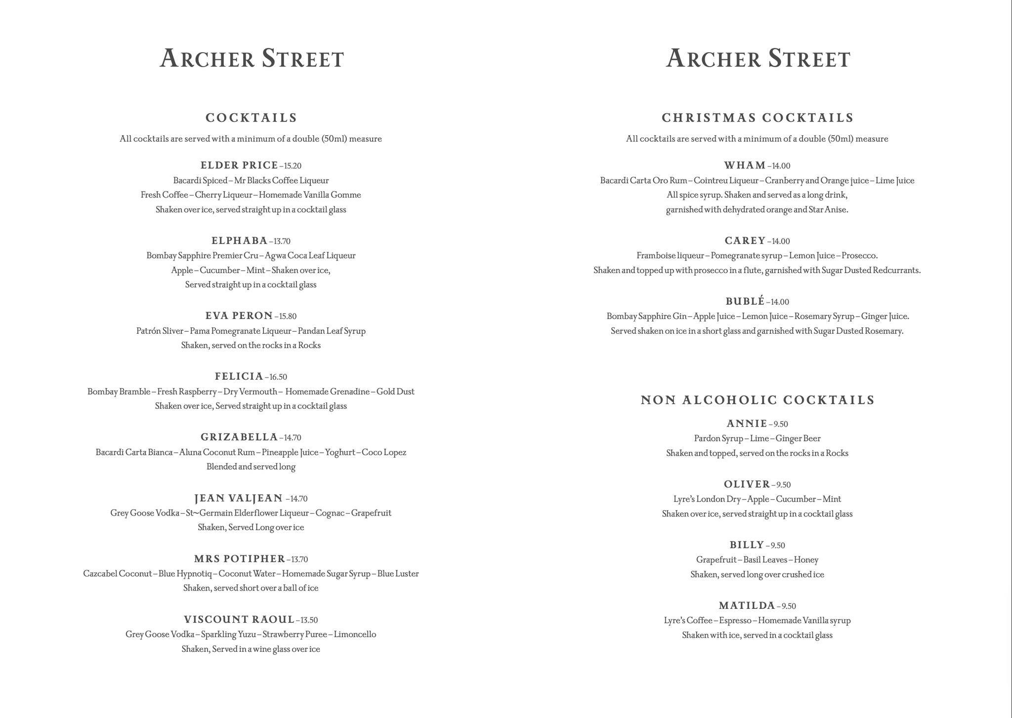 Menu at Archer Street Soho pub & bar, London