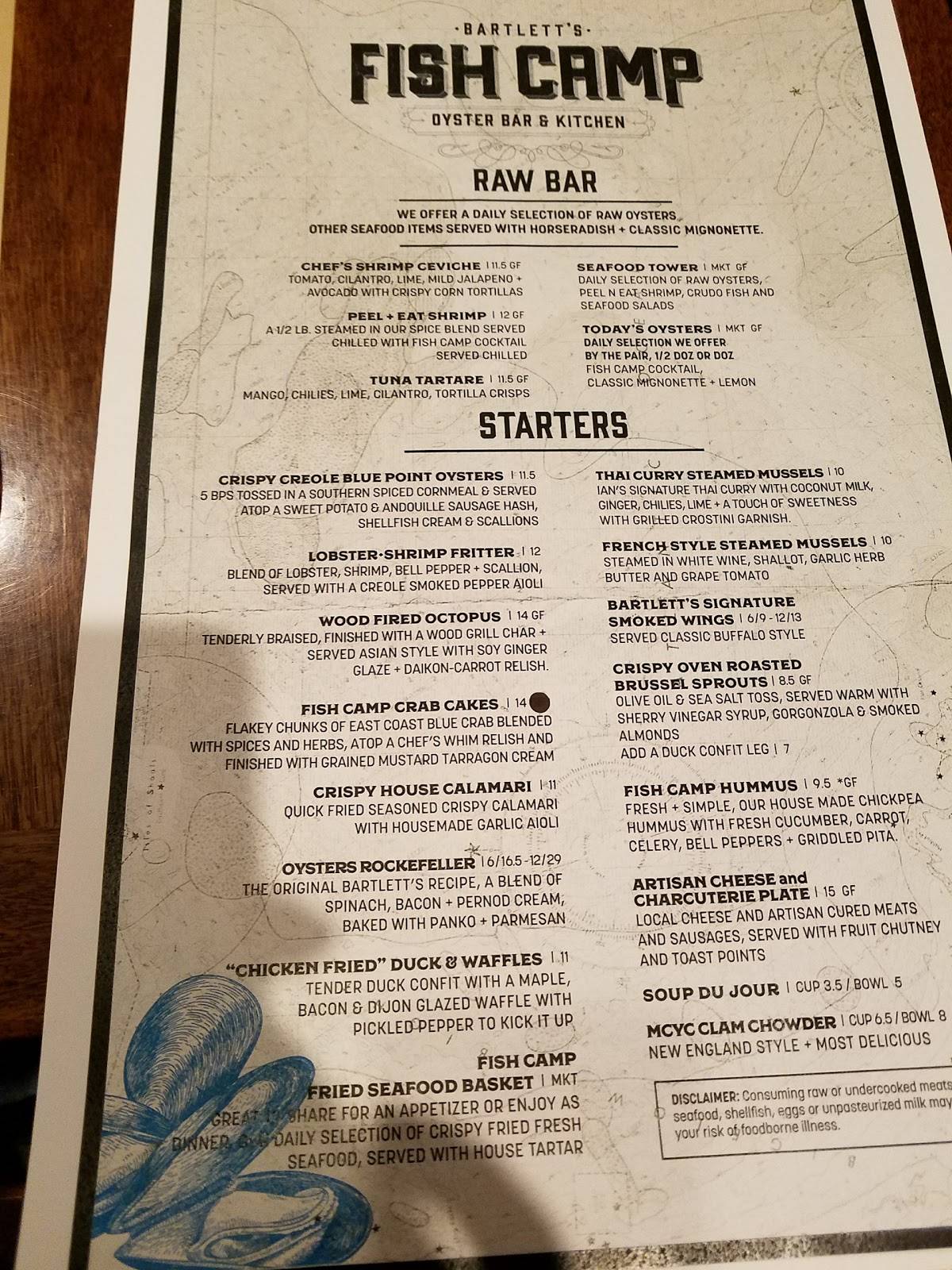 Menu at Bartlett's Fish Camp, Michigan City