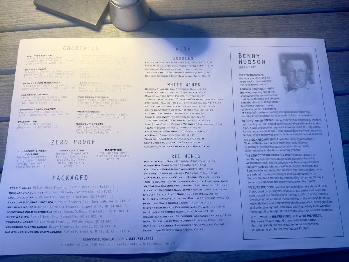 Menu at Benny's Coastal Kitchen pub & bar, Hilton Head Island