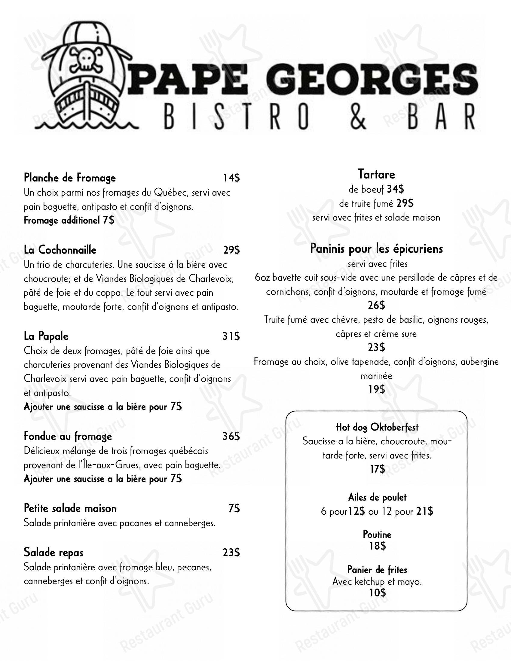 Menu au Le Pape Georges pub et bar, Québec
