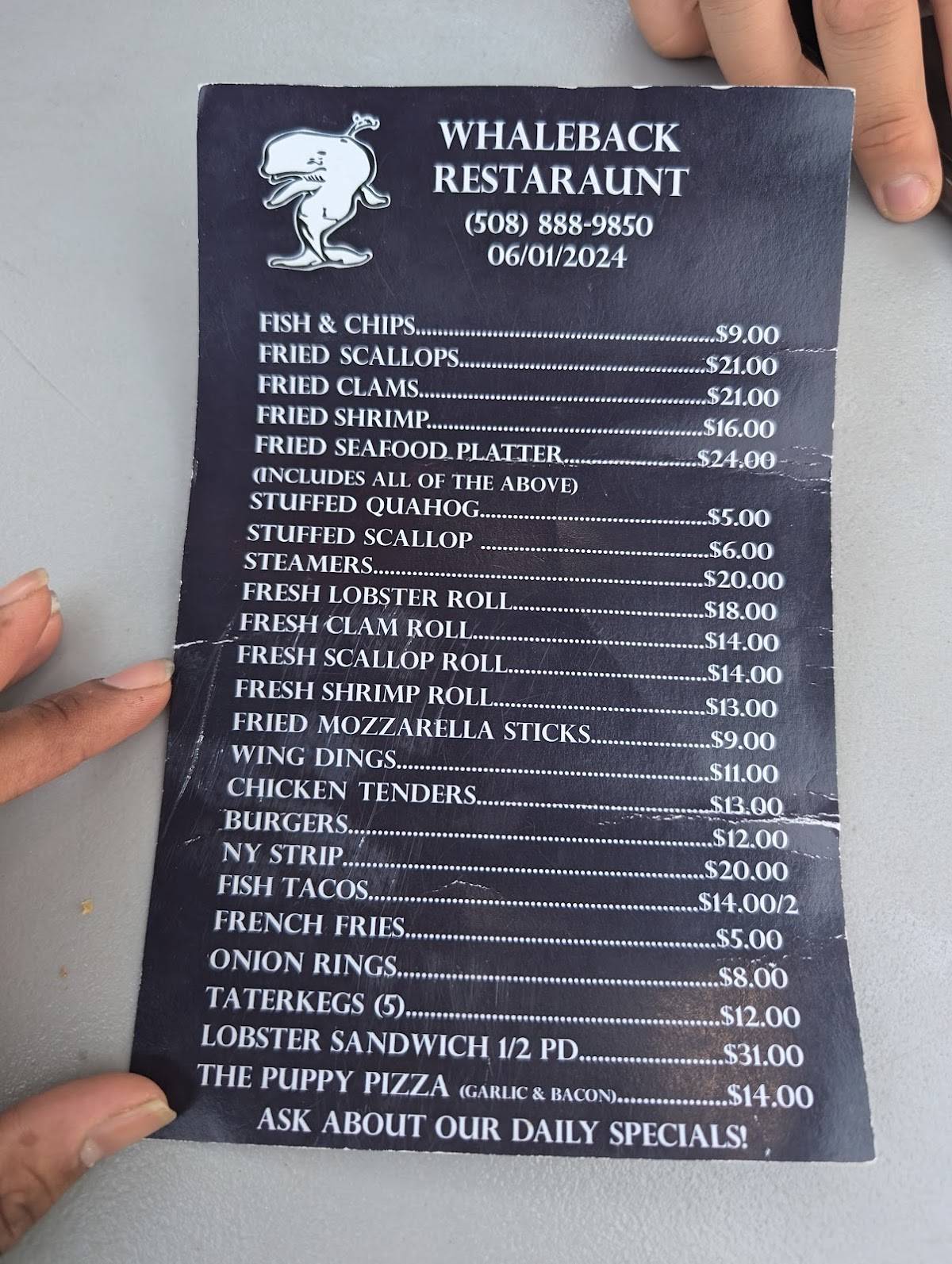 Menu at Bob O'Malley's Whaleback Restaurant, Sandwich