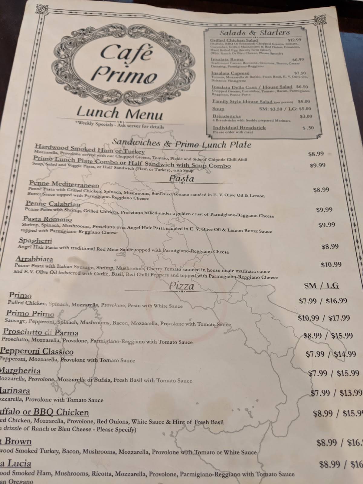Menu at Cafe Primo, Bardstown