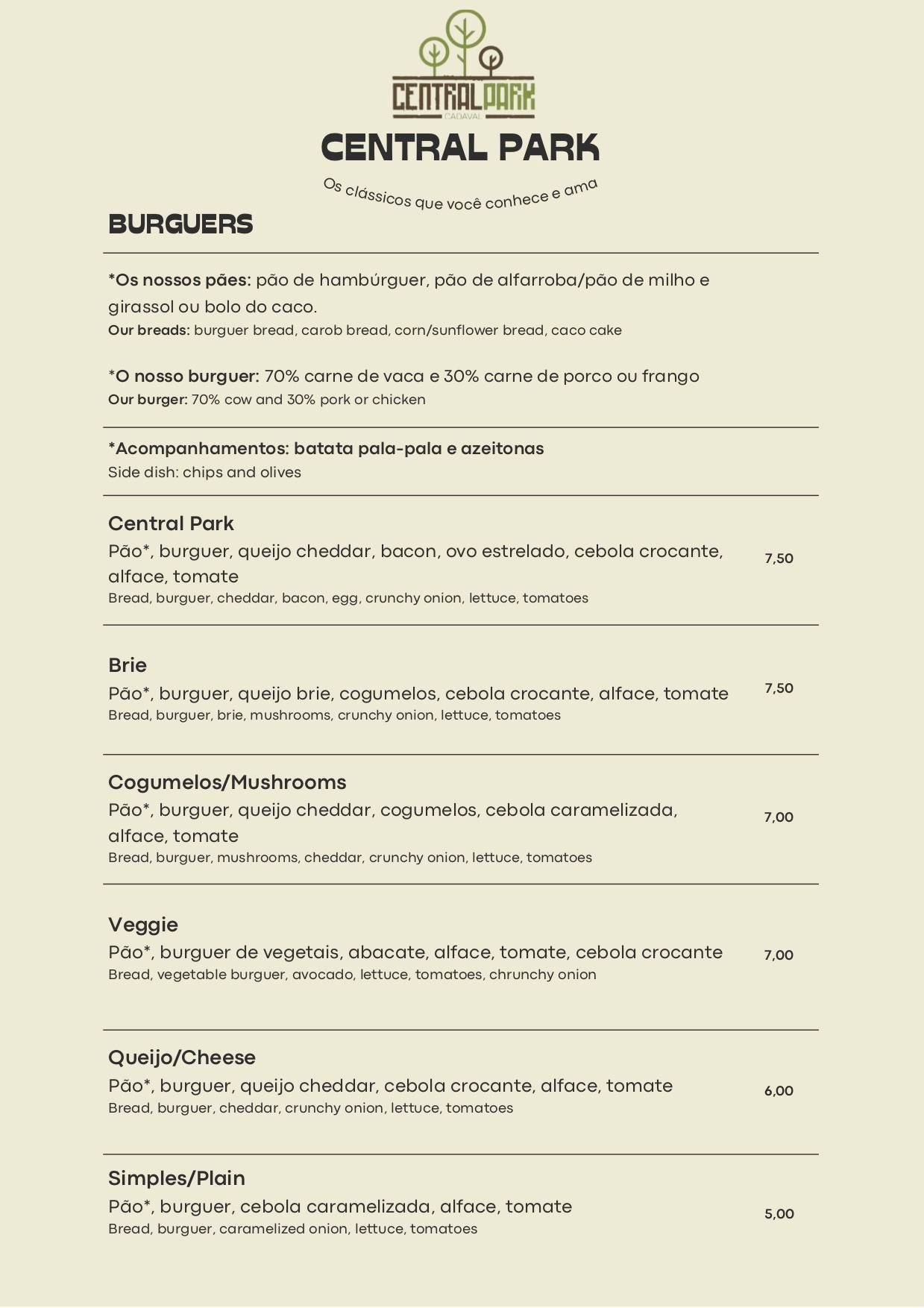 Menu at Central Park pub & bar, Cadaval