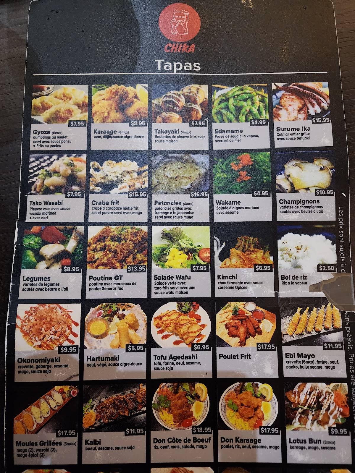 Menu au Chika Ramen Izakaya pub et bar, Québec