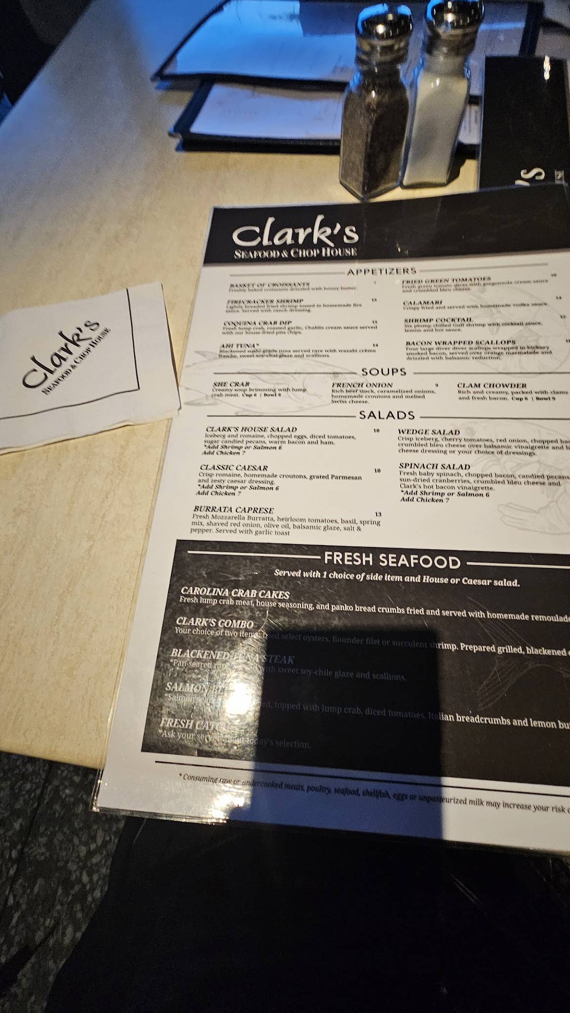 Menu at Clark's Seafood and Chop House pub & bar, Little River, 720 US-17