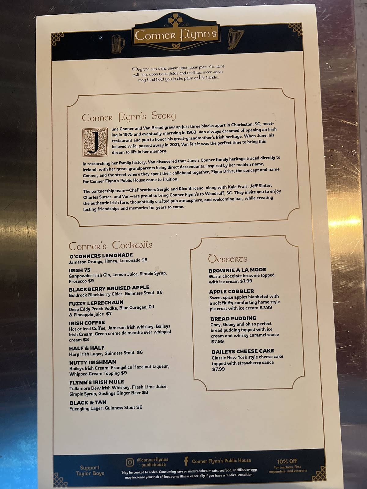 Menu at Conner Flynn's Public House, Woodruff