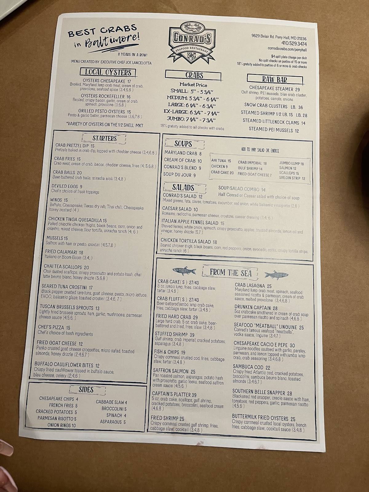 Menu at Conrad's Seafood Restaurant, Perry Hall