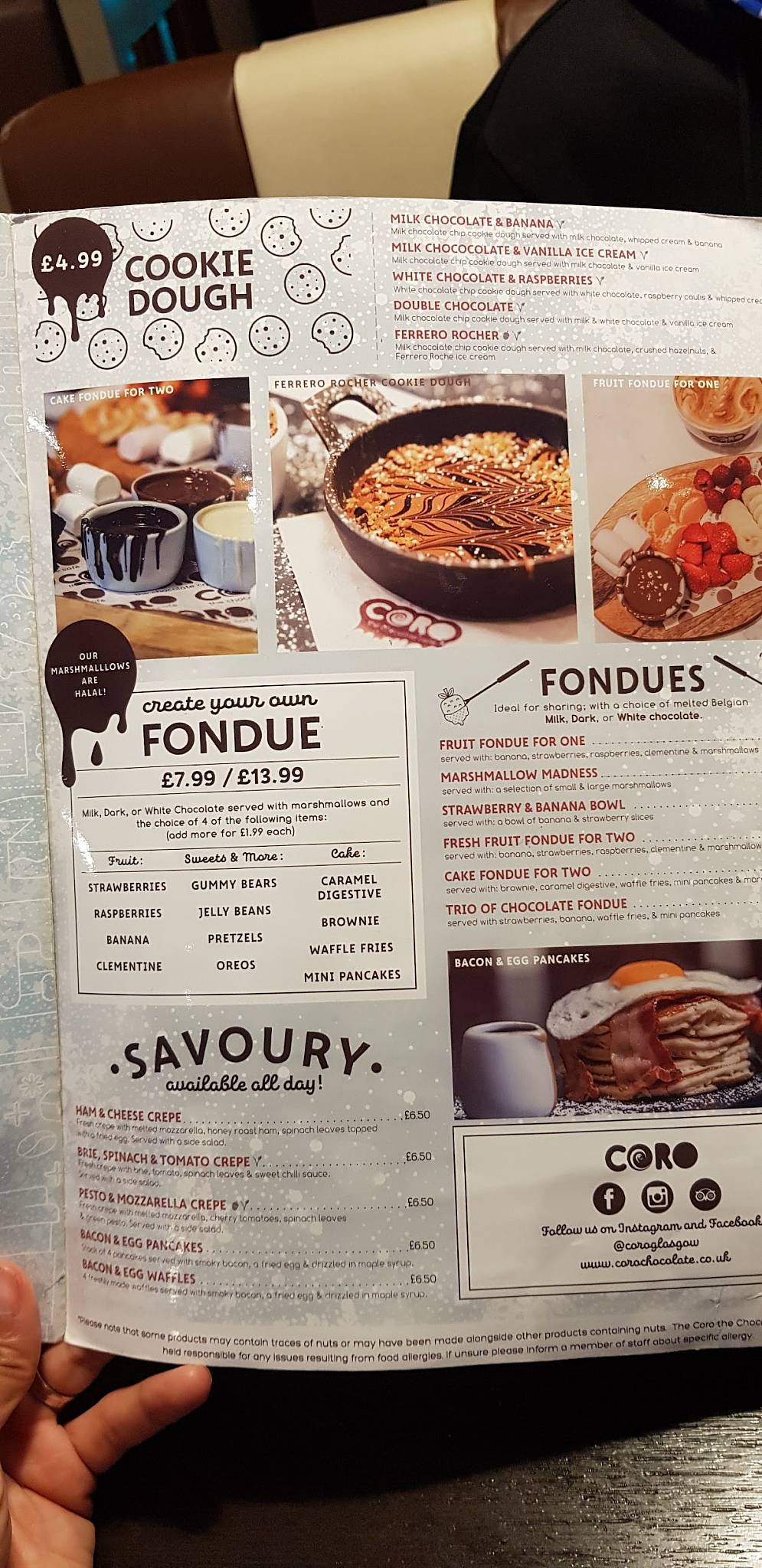 Menu at Coro the Chocolate Cafe, Glasgow, 241 Sauchiehall St