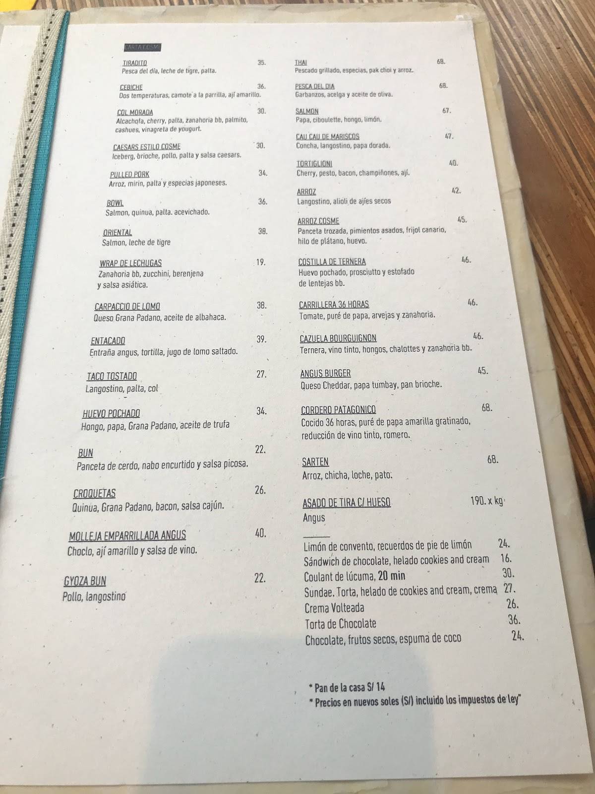 Carta de Cosme Restaurante y Bar, San Isidro