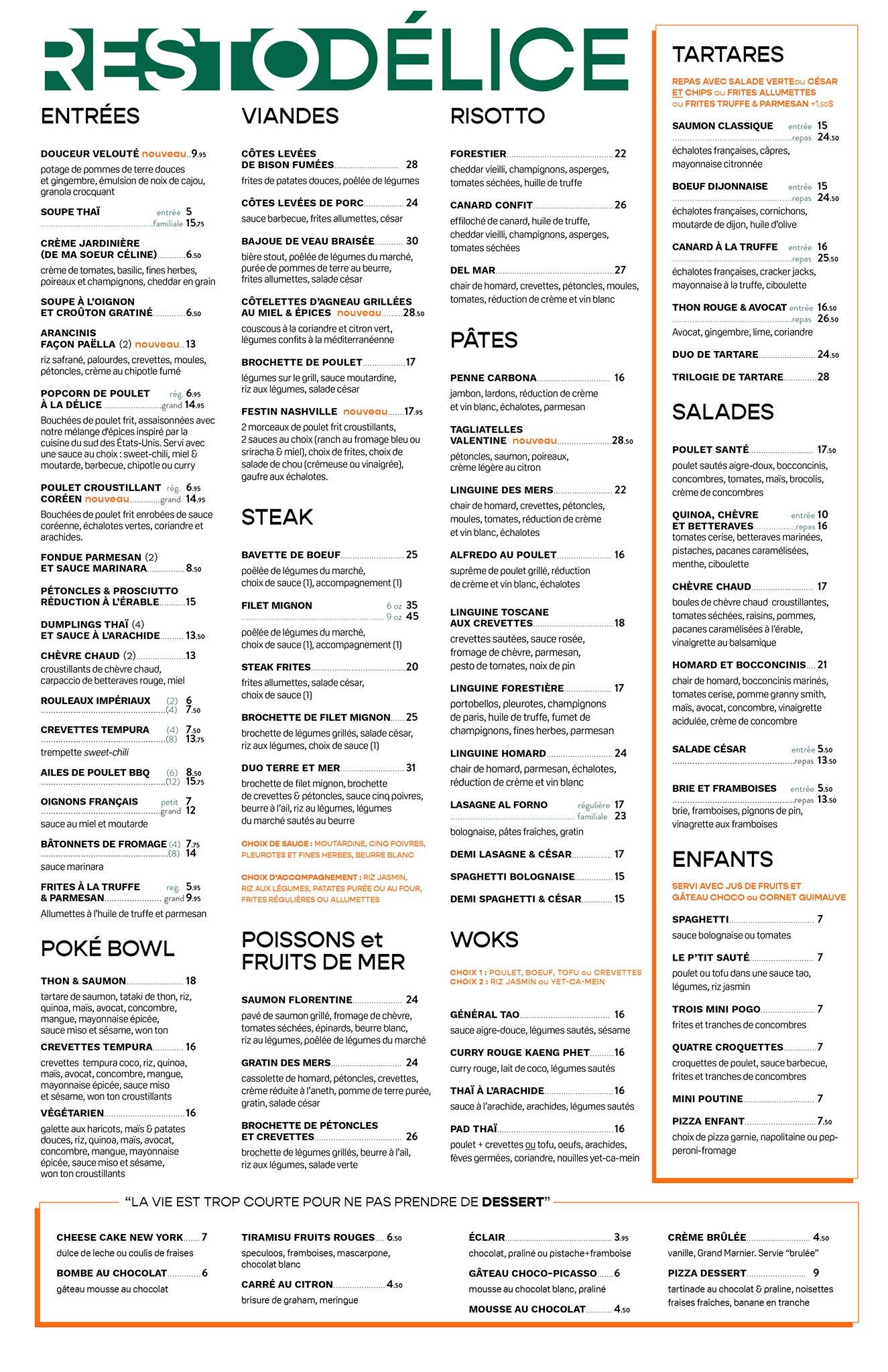 Menu at Délice Resto Lounge pub & bar, Levis, 146 Rte du Président-Kennedy