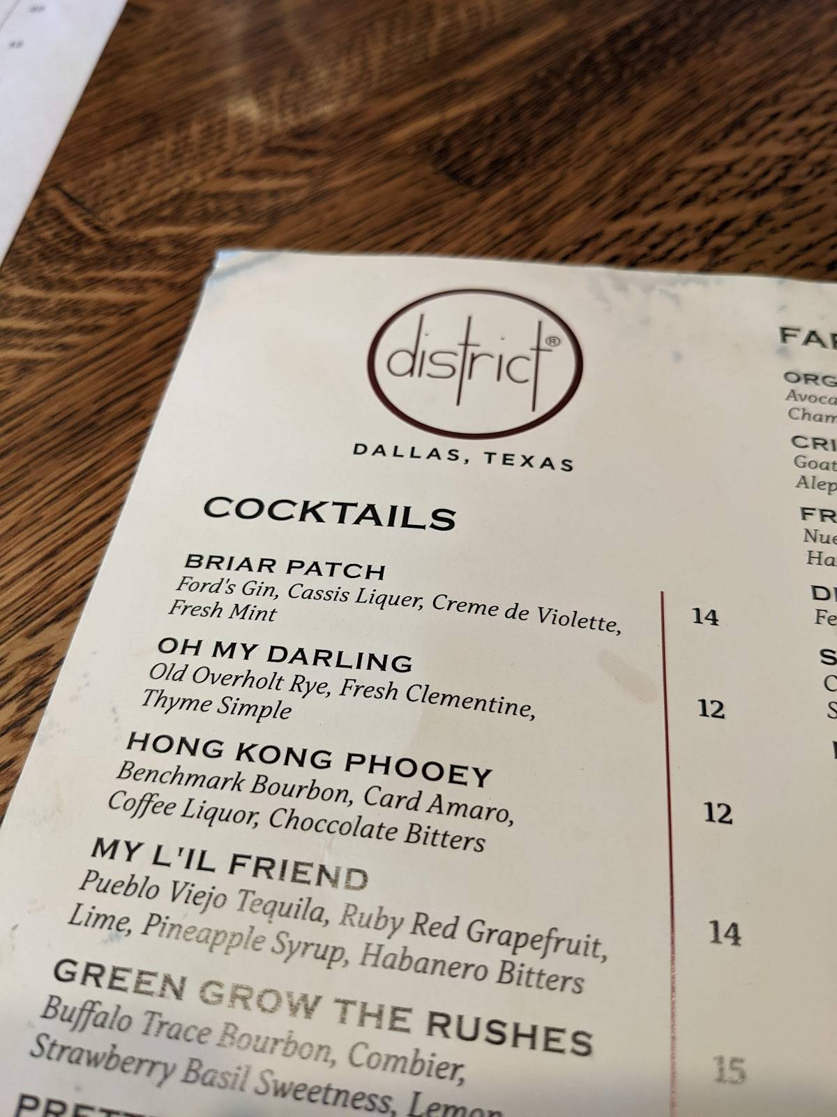 Menu at District Dallas pub & bar, Dallas