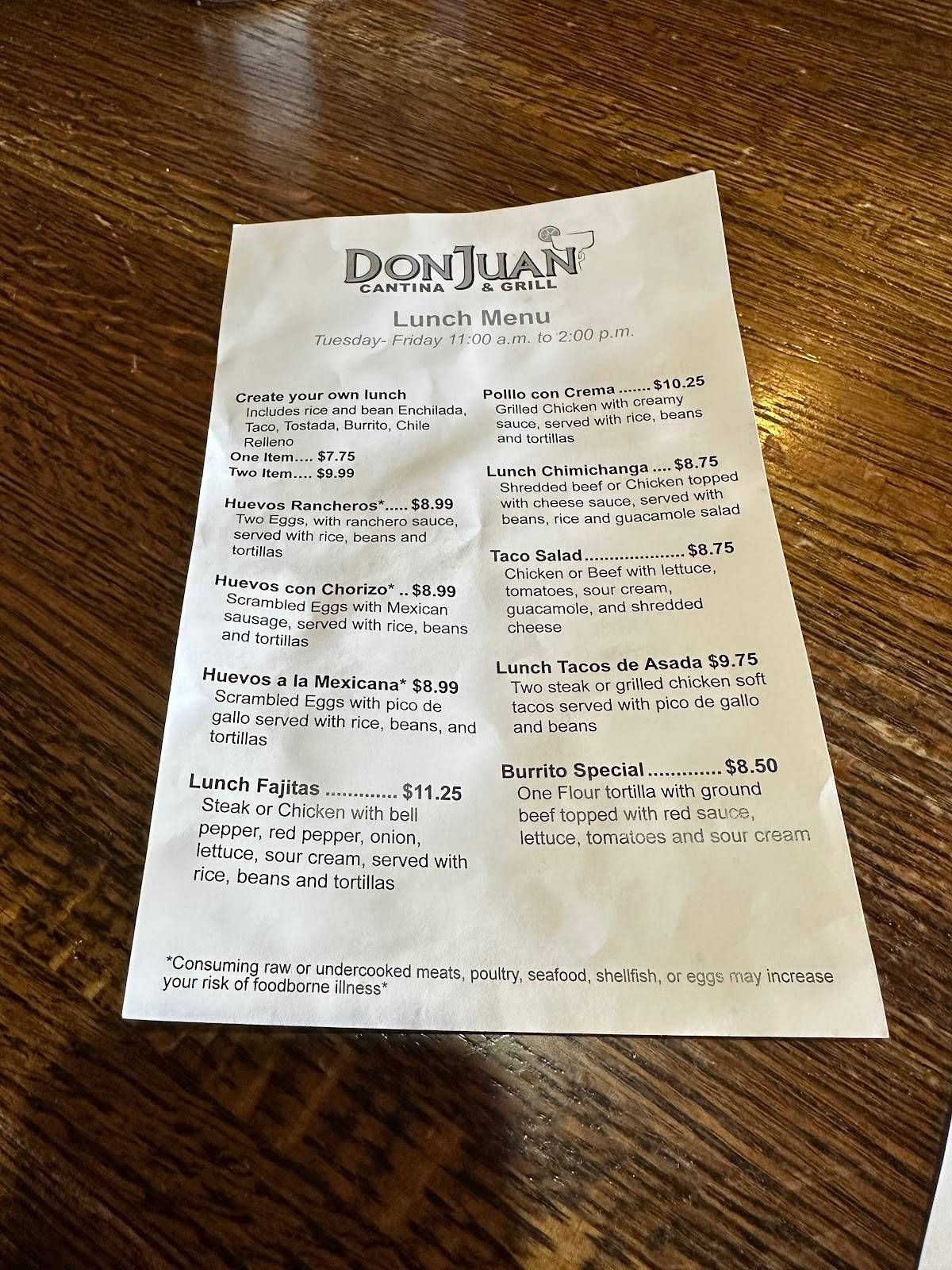 Menu at Don Juan Cantina & Grill pub & bar, Owatonna