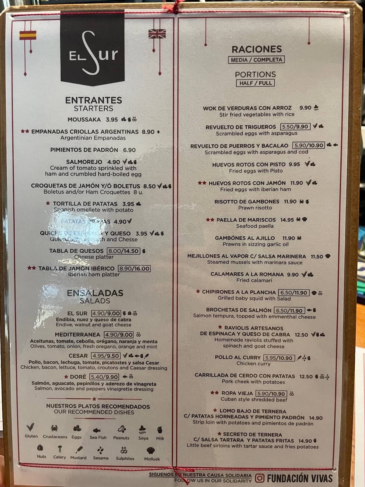 Menu at Taberna El Sur pub & bar, Madrid