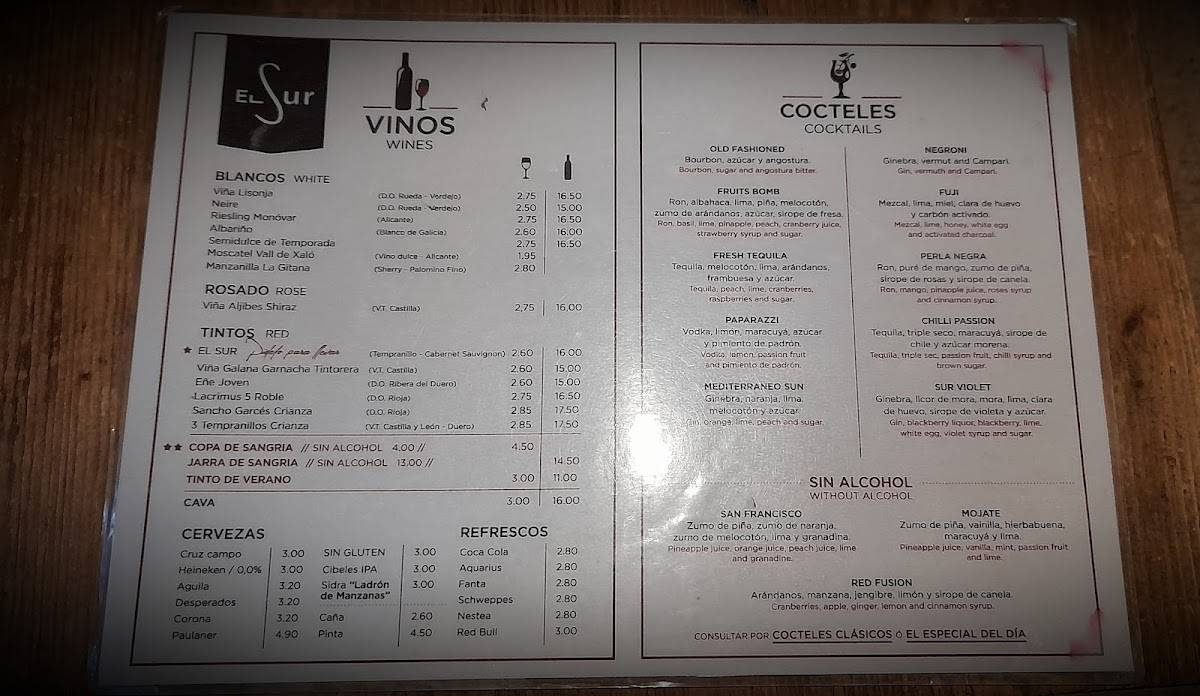 Menu at Taberna El Sur pub & bar, Madrid
