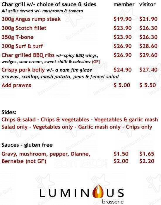 Menu at Gosford RSL Club, West Gosford