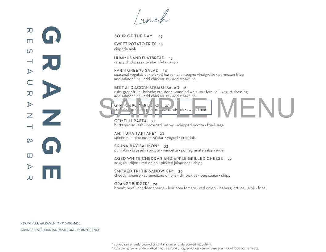 Menu at Grange Restaurant & Bar, Sacramento