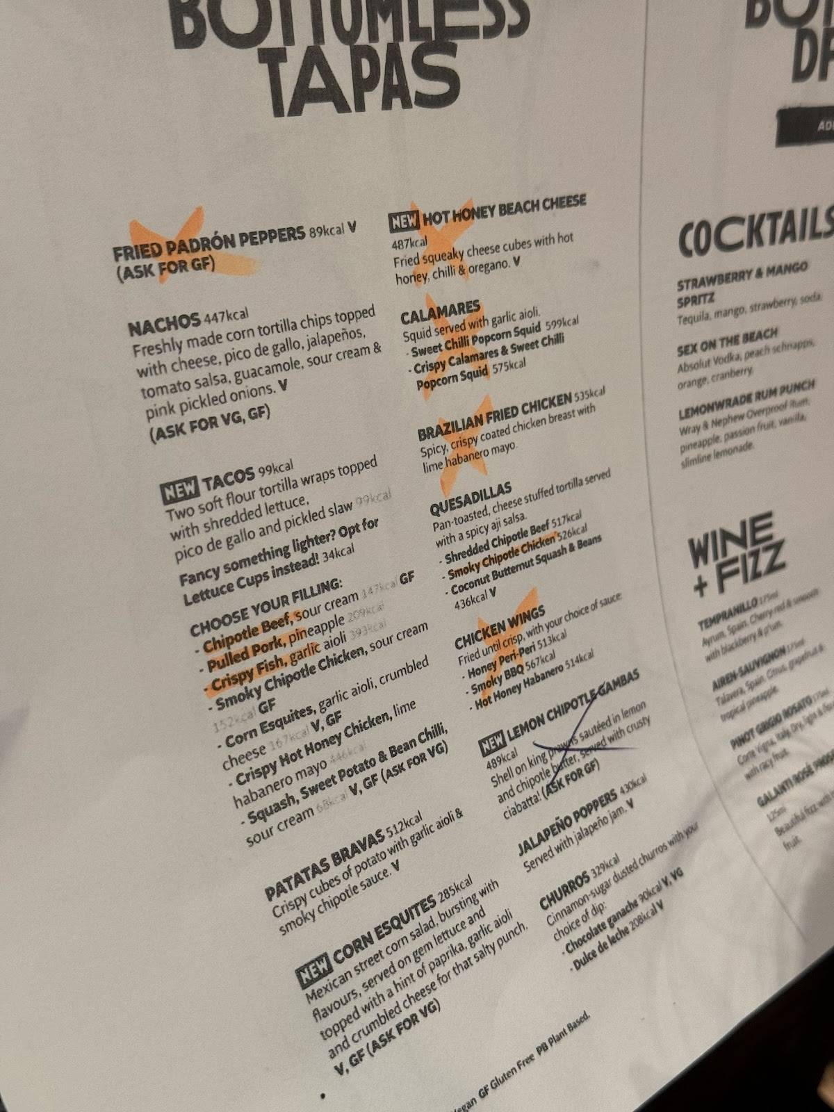 Menu at Las Iguanas pub & bar, London, Festival Terrace