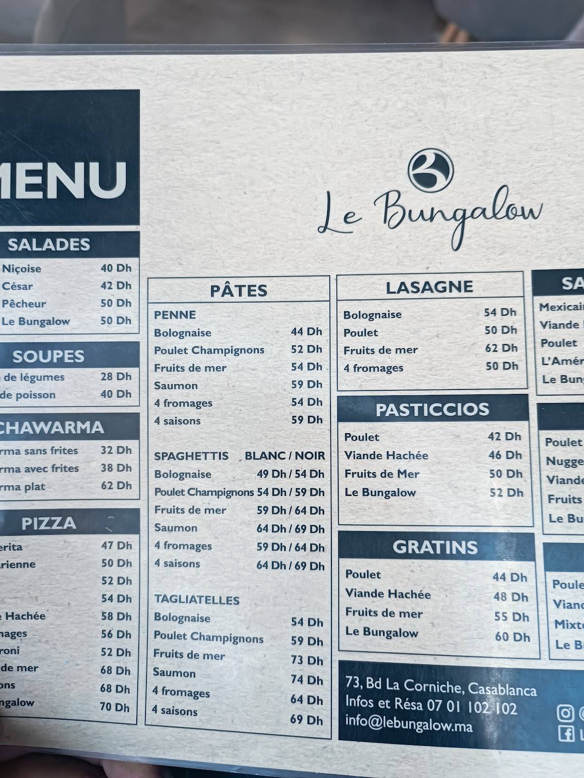 Menu au Le Bungalow pub et bar, Casablanca