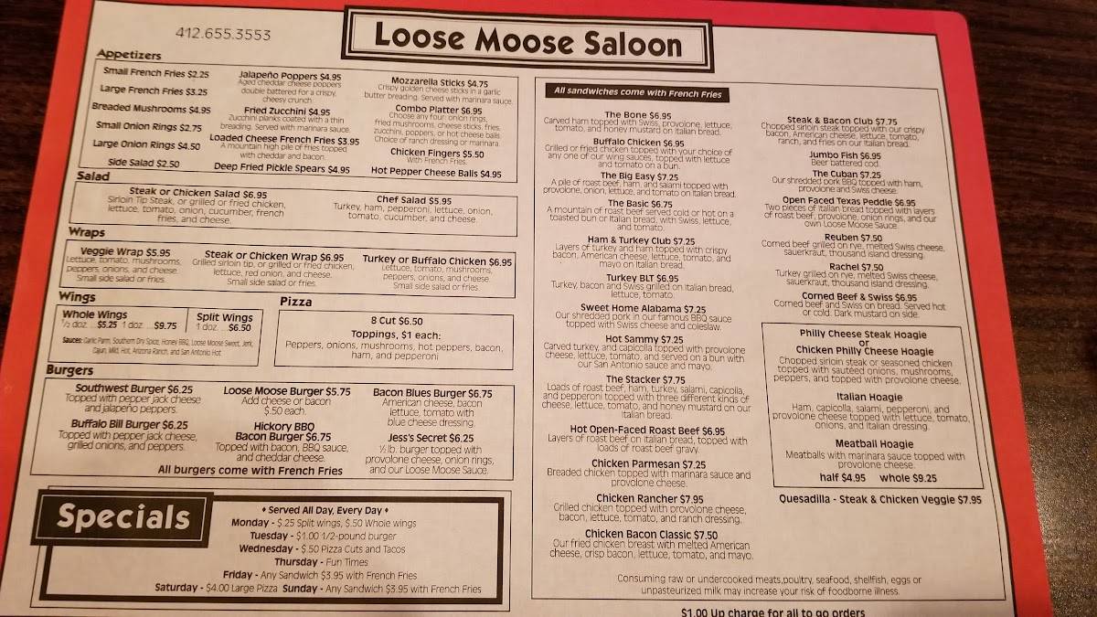 Menu at Loose Moose Saloon pub & bar, Baldwin
