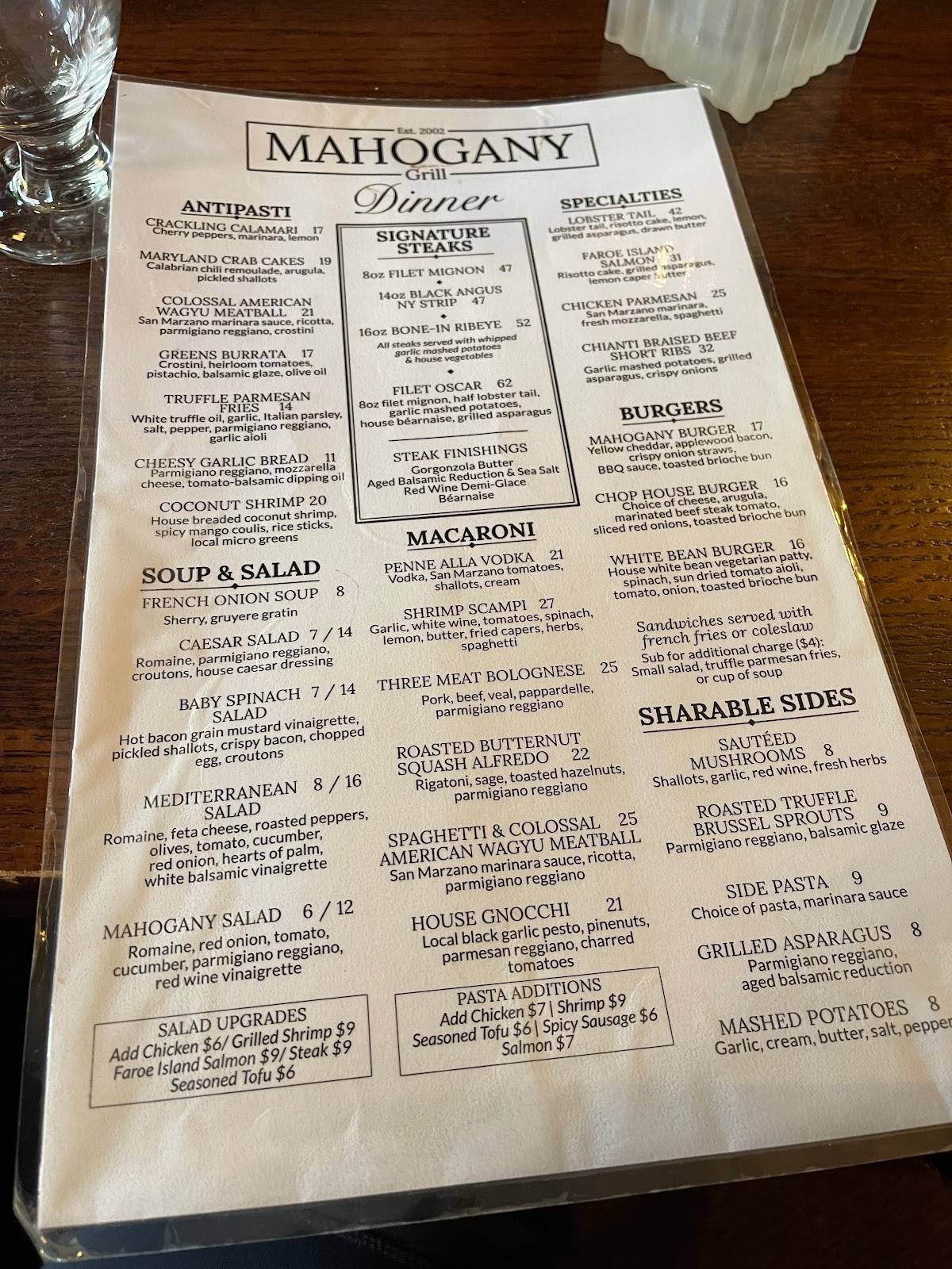 Menu at Mahogany Grill pub & bar, Ithaca