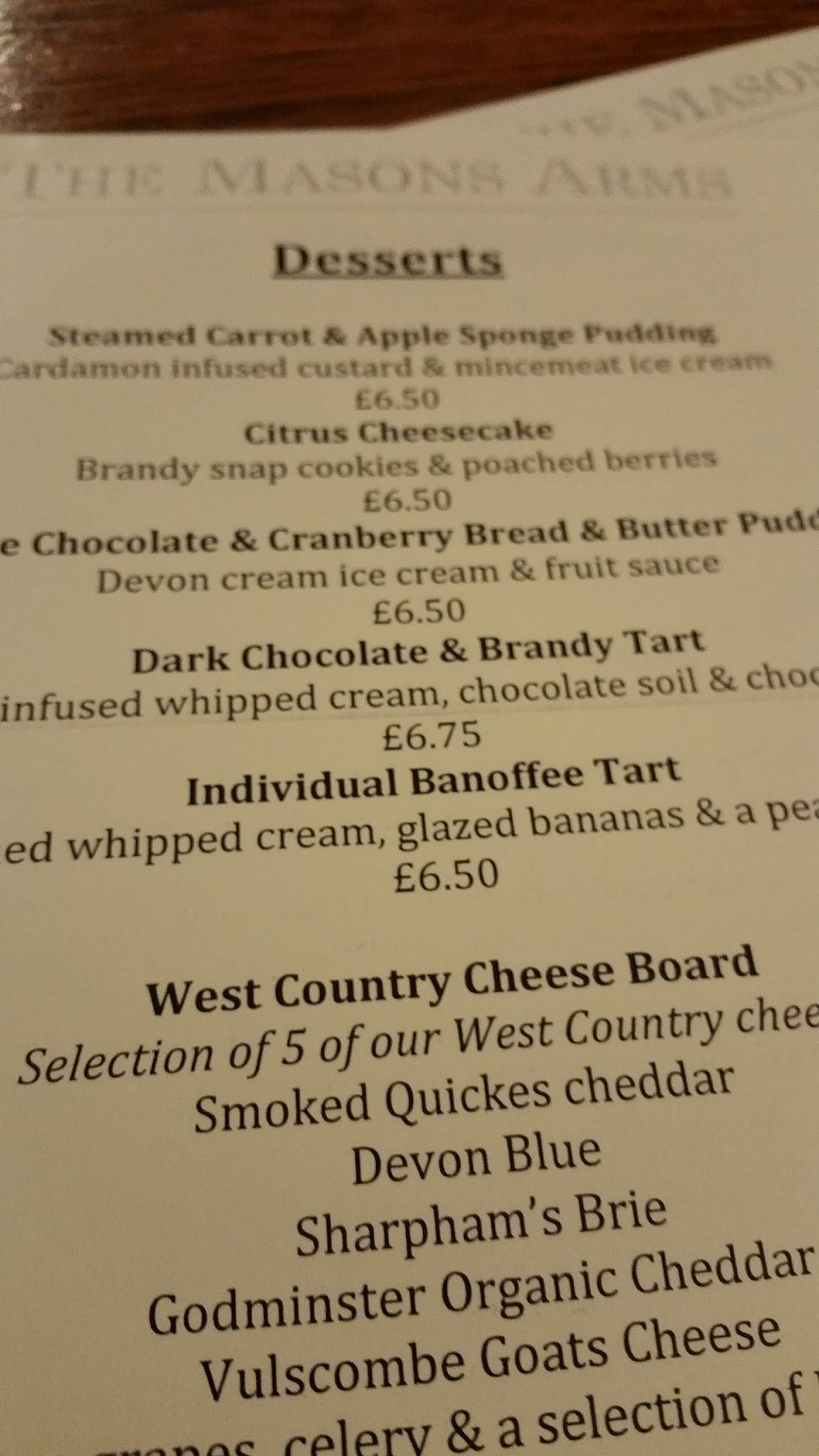 Menu at Masons Arms, Branscombe pub & bar, Branscombe