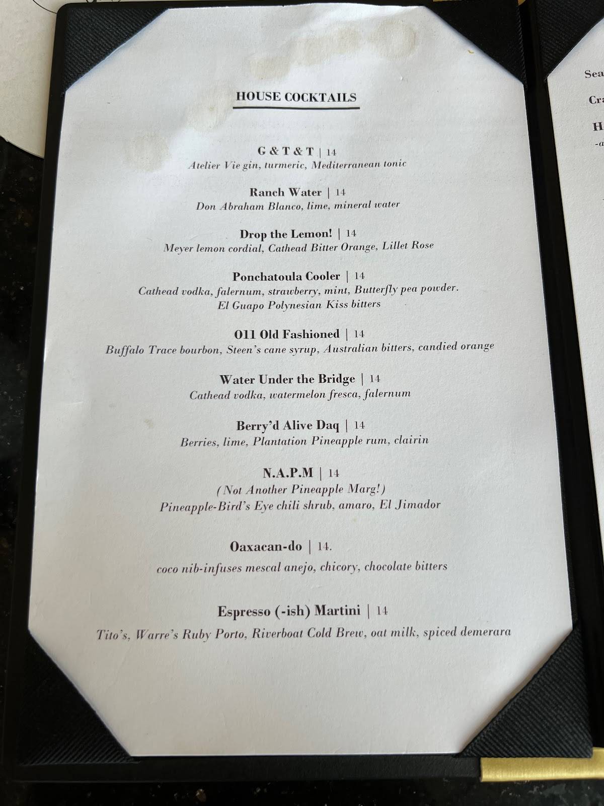 Menu at Observatory Eleven Bar, New Orleans