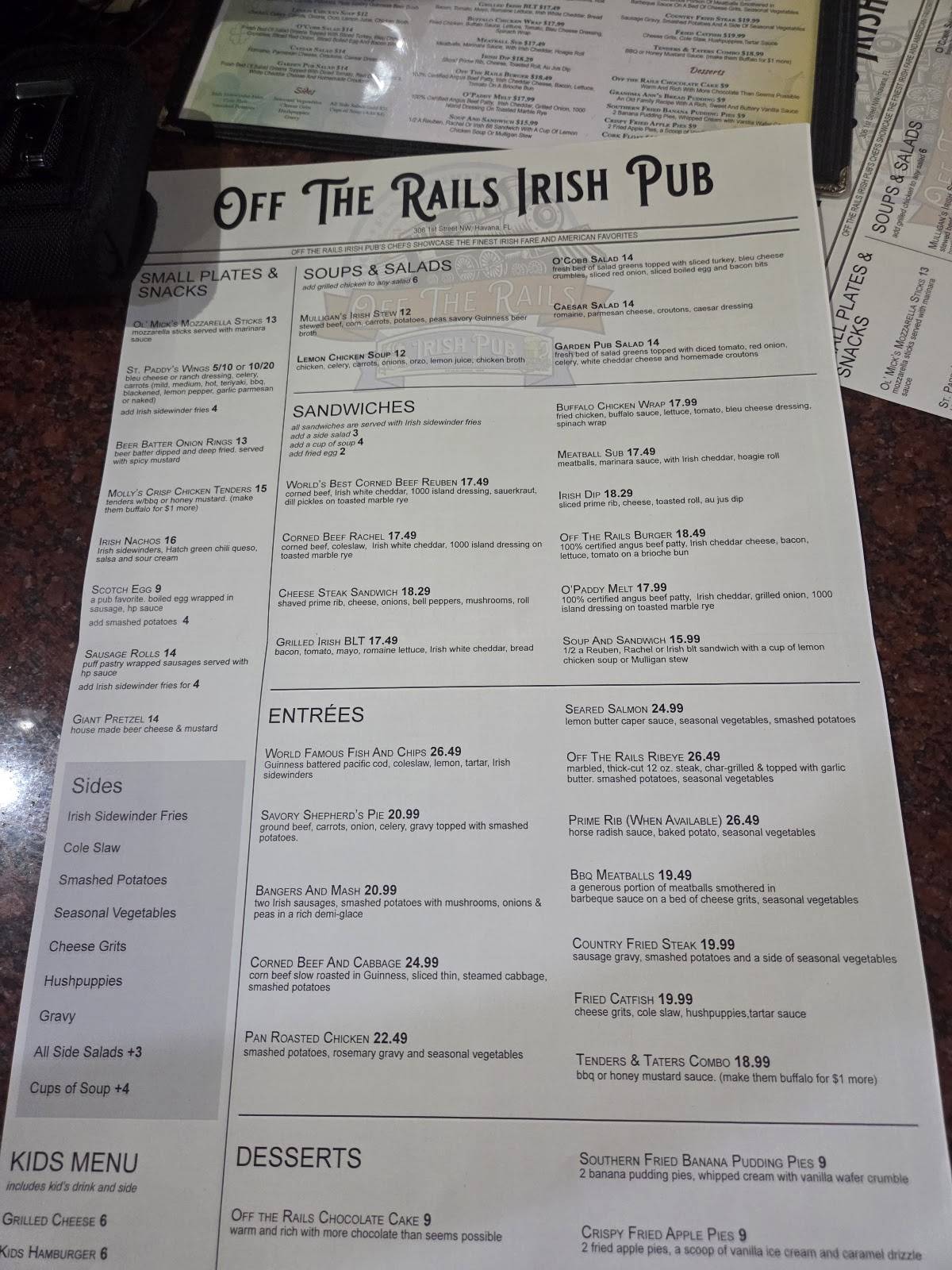 Menu at Off the Rails Irish Pub, Havana