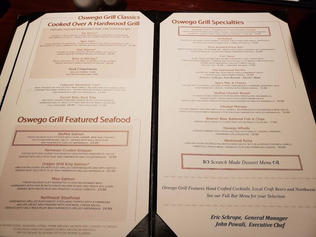 Menu at Oswego Grill- Wilsonville pub & bar, Wilsonville