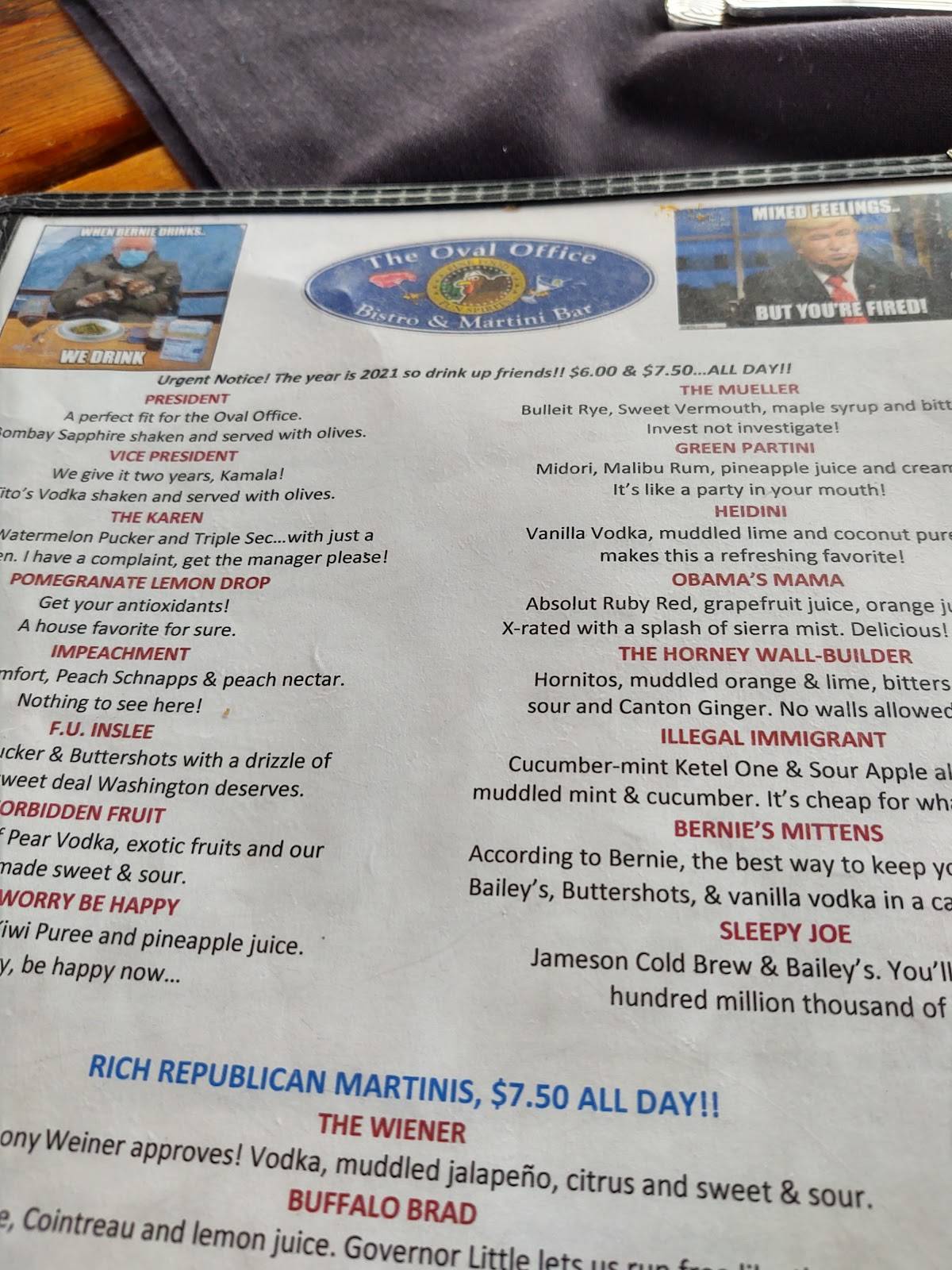 Menu at Oval Office pub & bar, Post Falls